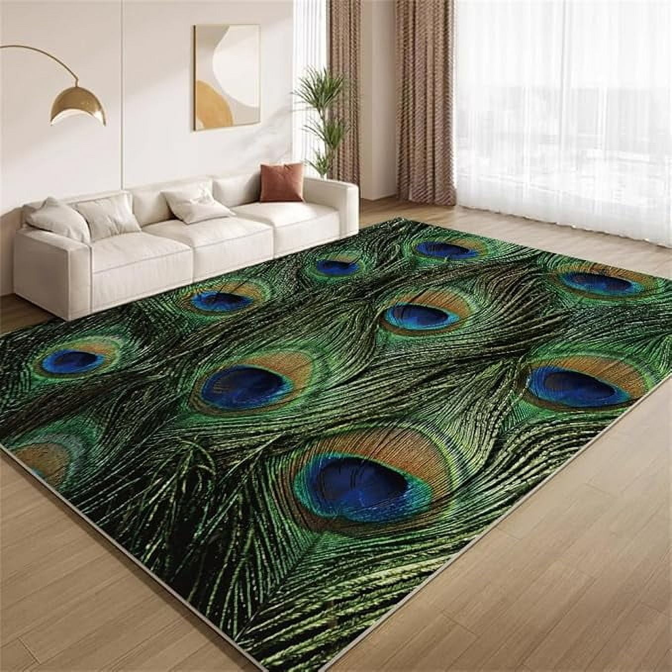 Peacock Feather Farmhouse Area Rug, Animal Print Rug, Indoor Decor Non ...