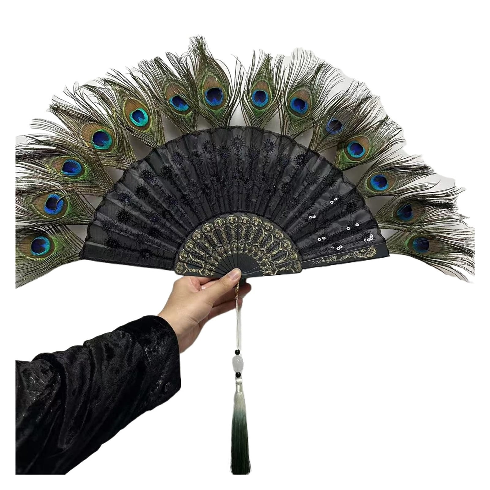 Peacock Feather Folding Fan, Lolita Performance, Dance Hand Fan with ...