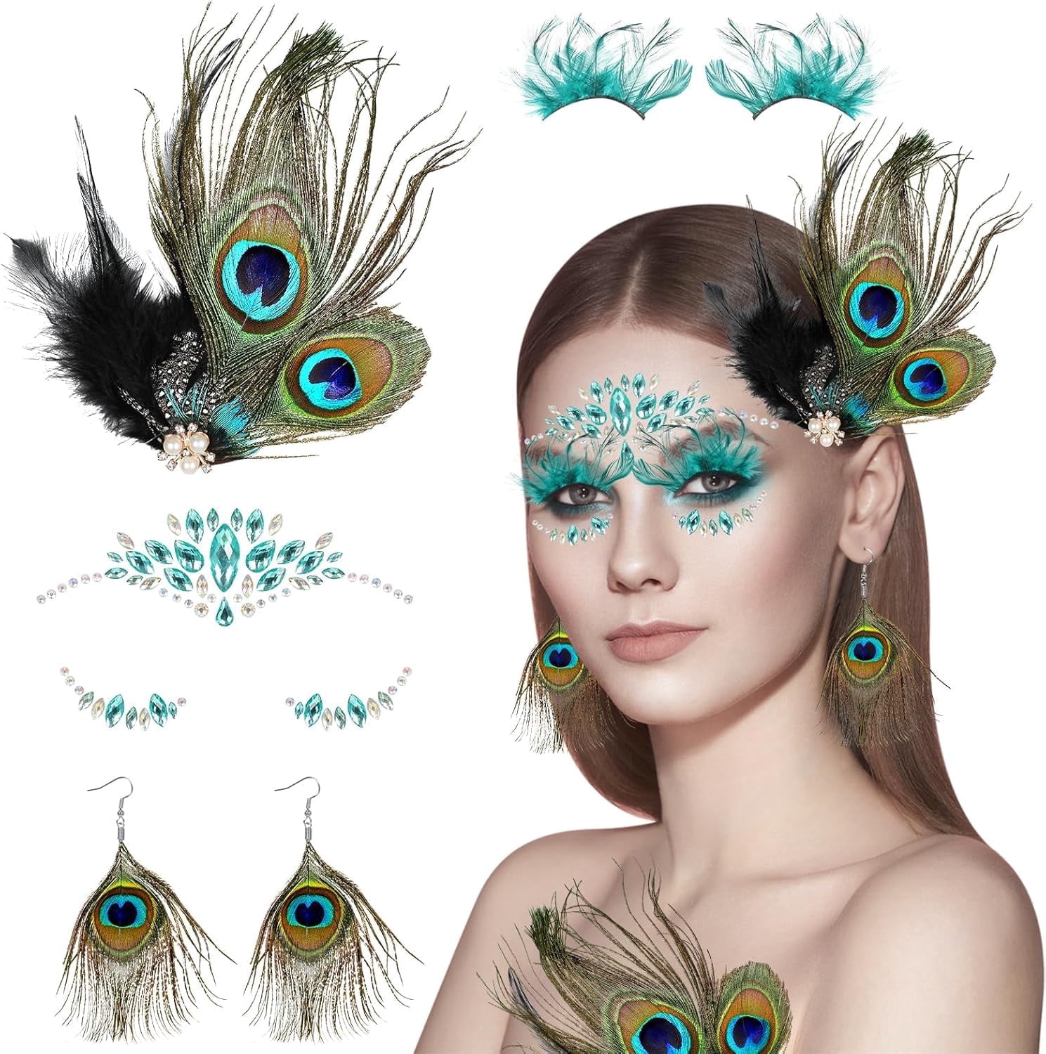Peacock Feather Jewelry Set for Women, Green Fascinator Feather Clip ...