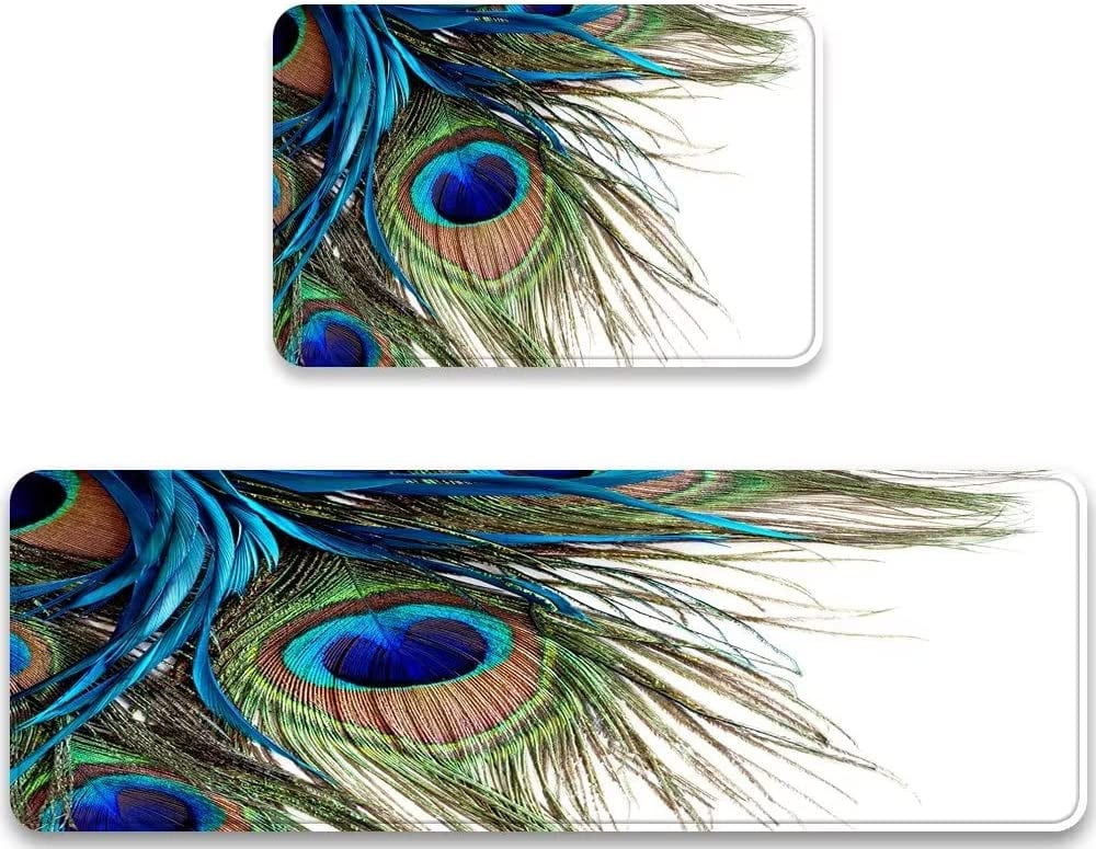 Peacock Feather Kitchen Rug Set of 2 Watercolor Colorful Peacock ...