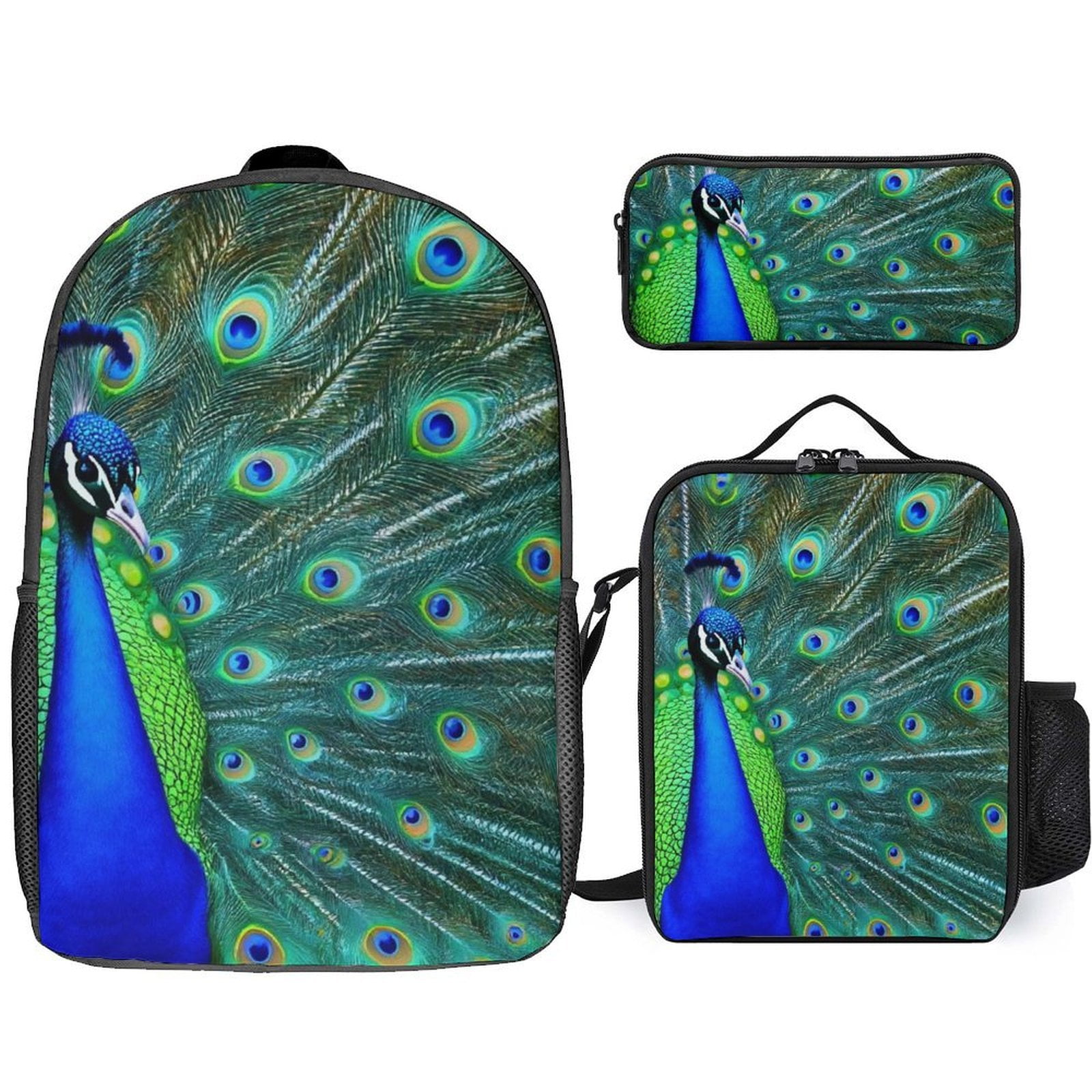 Peacock Feather Print(2)-1 3D Printed 3pcs/Set Bags Laptop Daypack Backpack Lunch bag Pencil ...