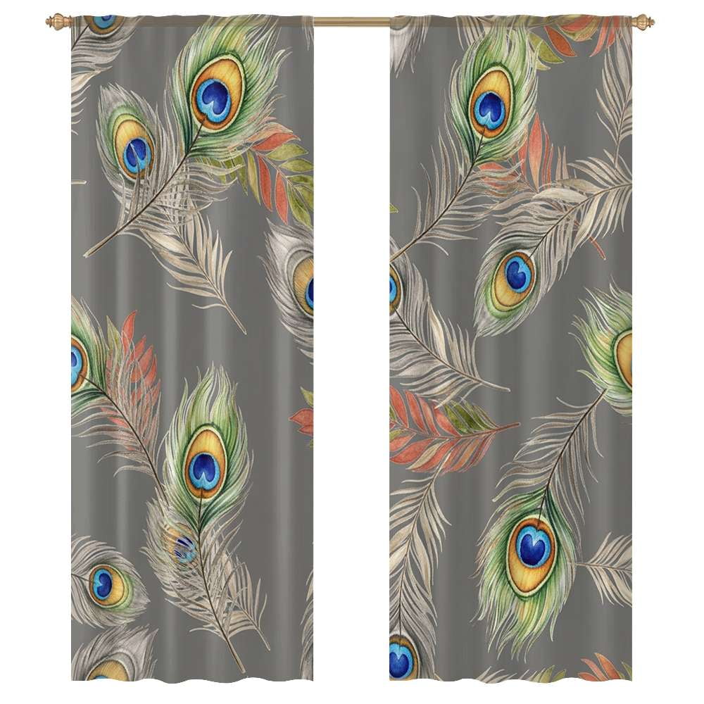 Peacock Feather Print Design Sheer Voile Curtain Window Tulle Curtains ...