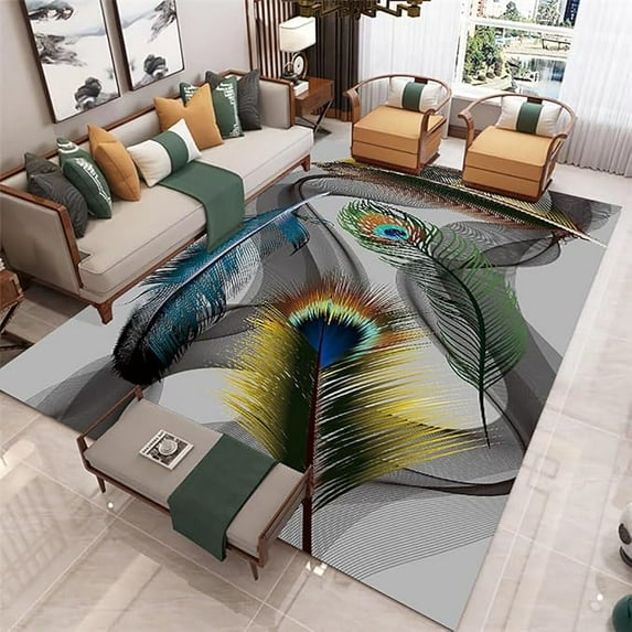 Peacock Feather Printed Grey Area Rug For Bedroom Non-Slip Floor Mats ...
