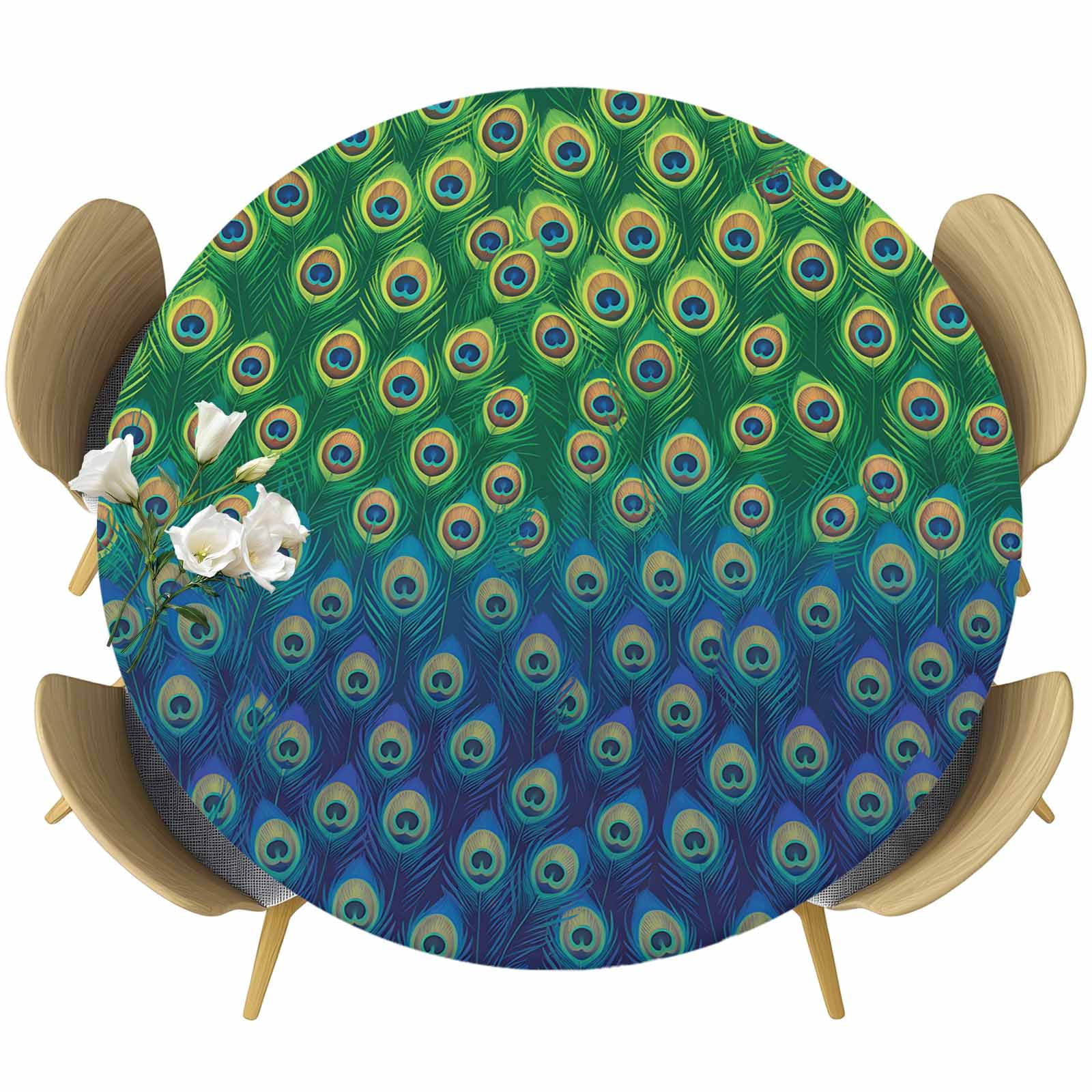 Peacock Feather Round Fitted Tablecloth with Elastic Edge, Retro Jade ...