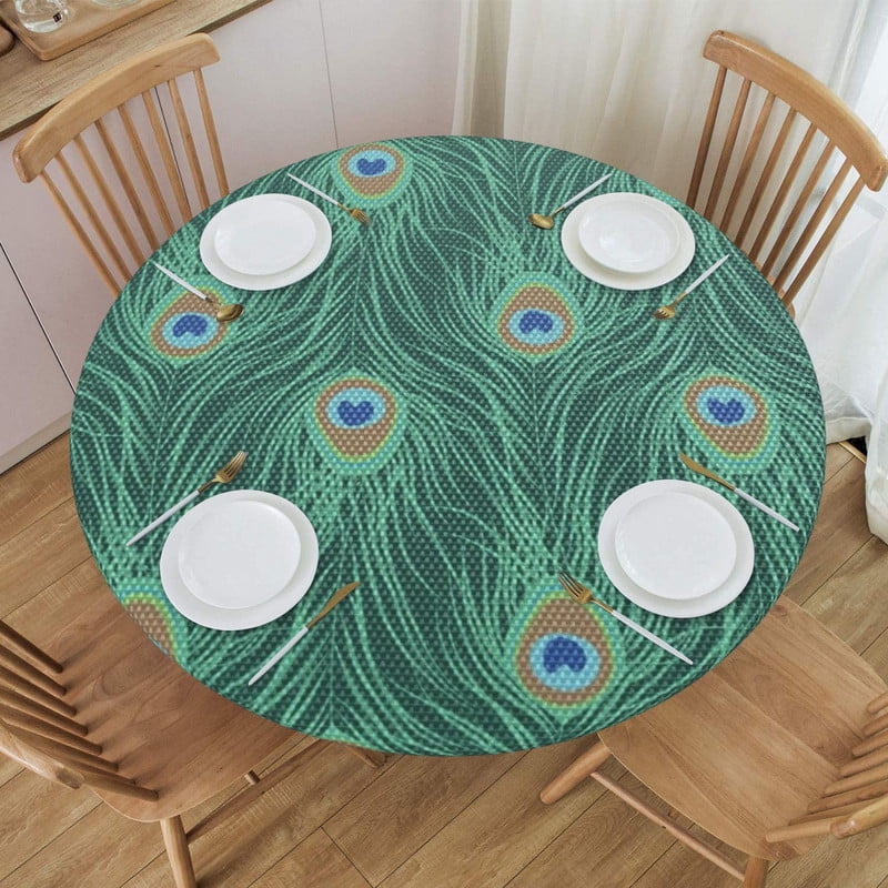 Peacock Feather Round Fitted Tablecloth with Elastic Fitted Table ...