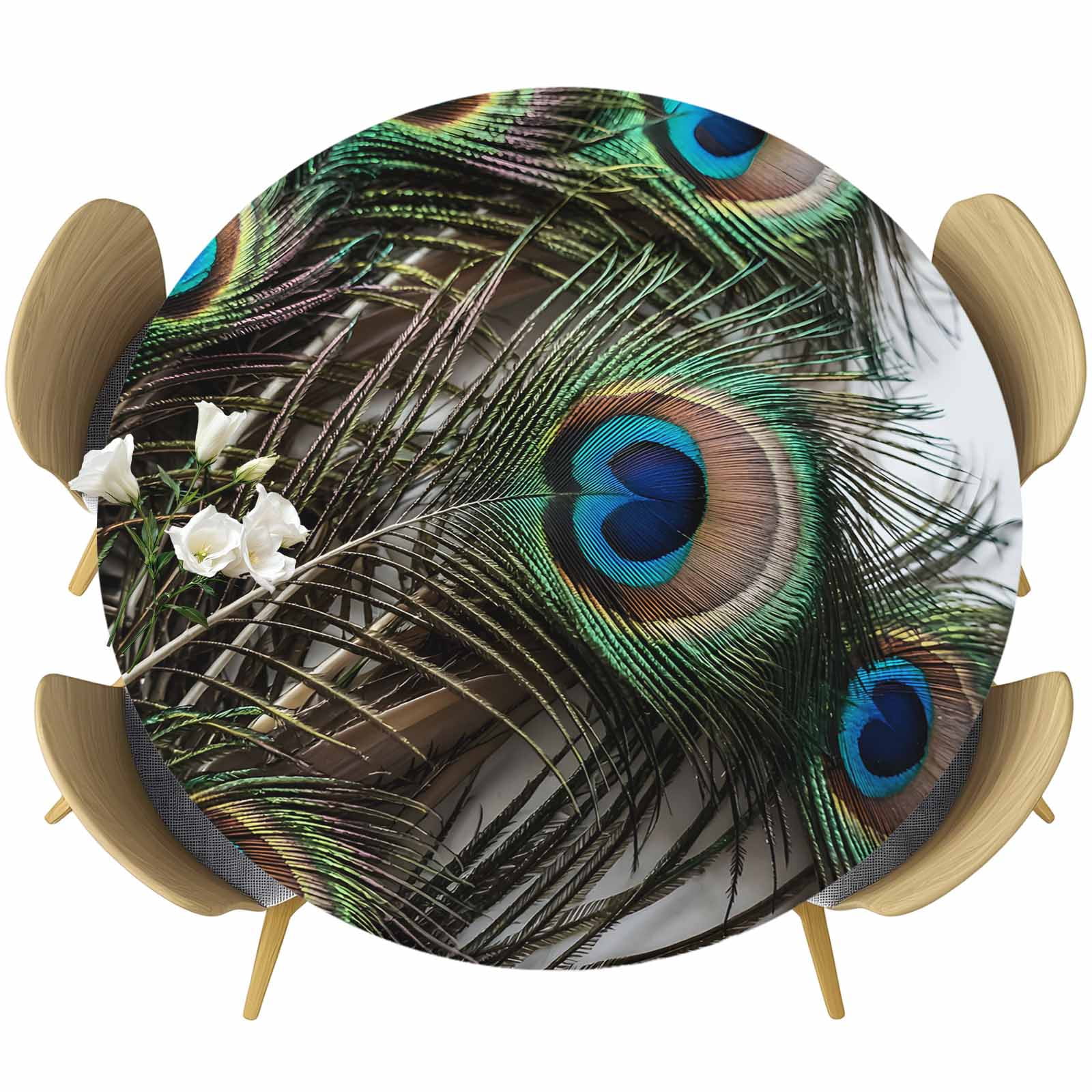 Peacock Feather Round Tablecloth, Fitted Table Cover with Elastic for ...
