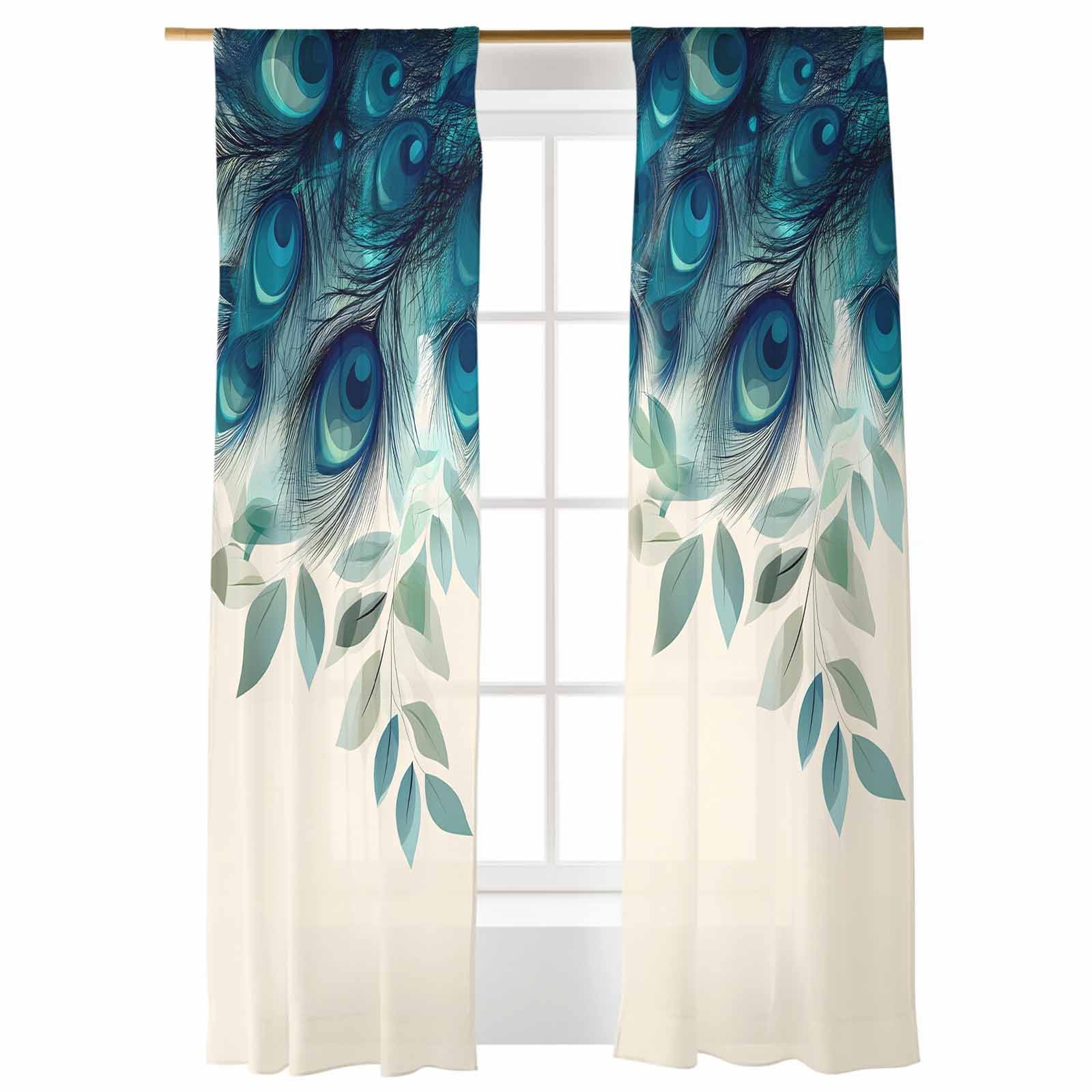 Peacock Feather Sheer Curtains 108 inches Long 2 Panels Set Teal Blue ...