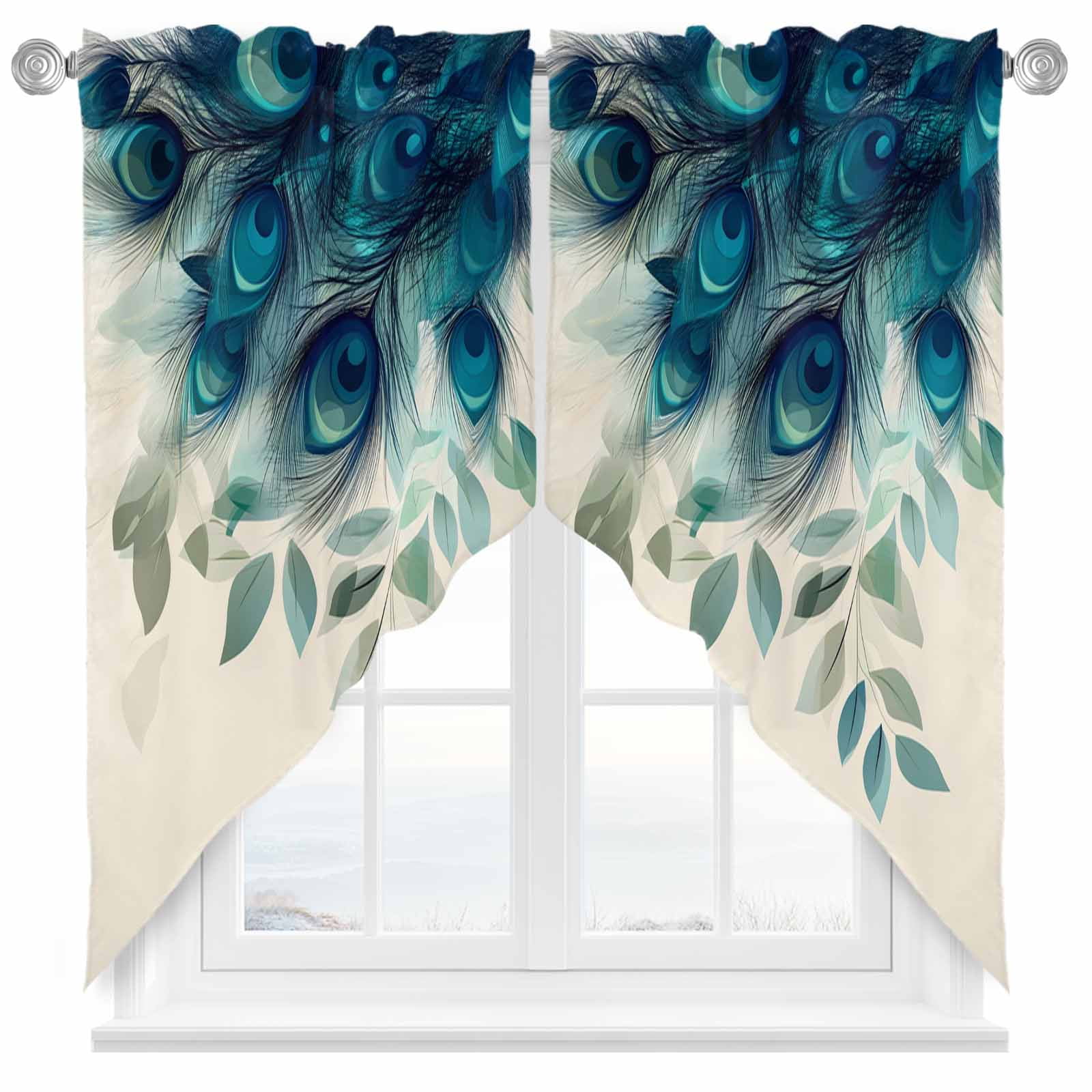 Peacock Feather Swag Valances for Windows 2 Pack Teal Blue Green Leaf ...