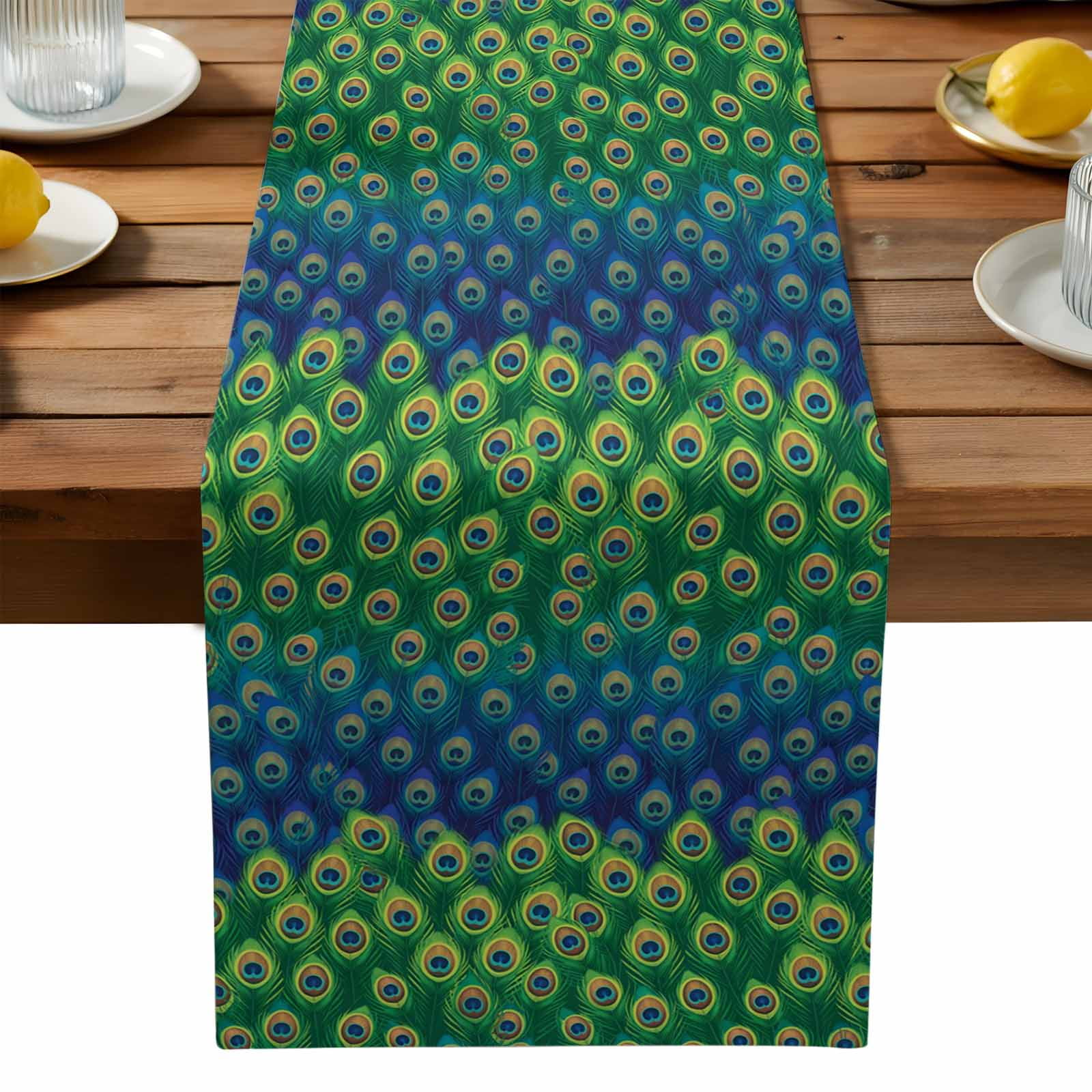 Peacock Feather Table Runner, Retro Jade Green Blue Peacock Feather ...