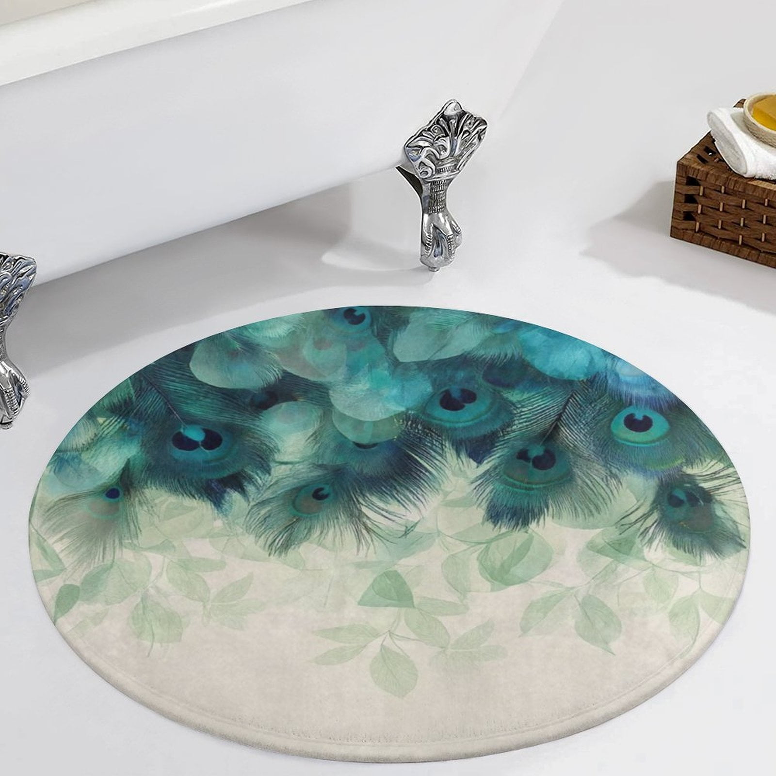 Peacock Feather Teal Blue Turquoise Green Leaf-1 Area Round Carpet ...