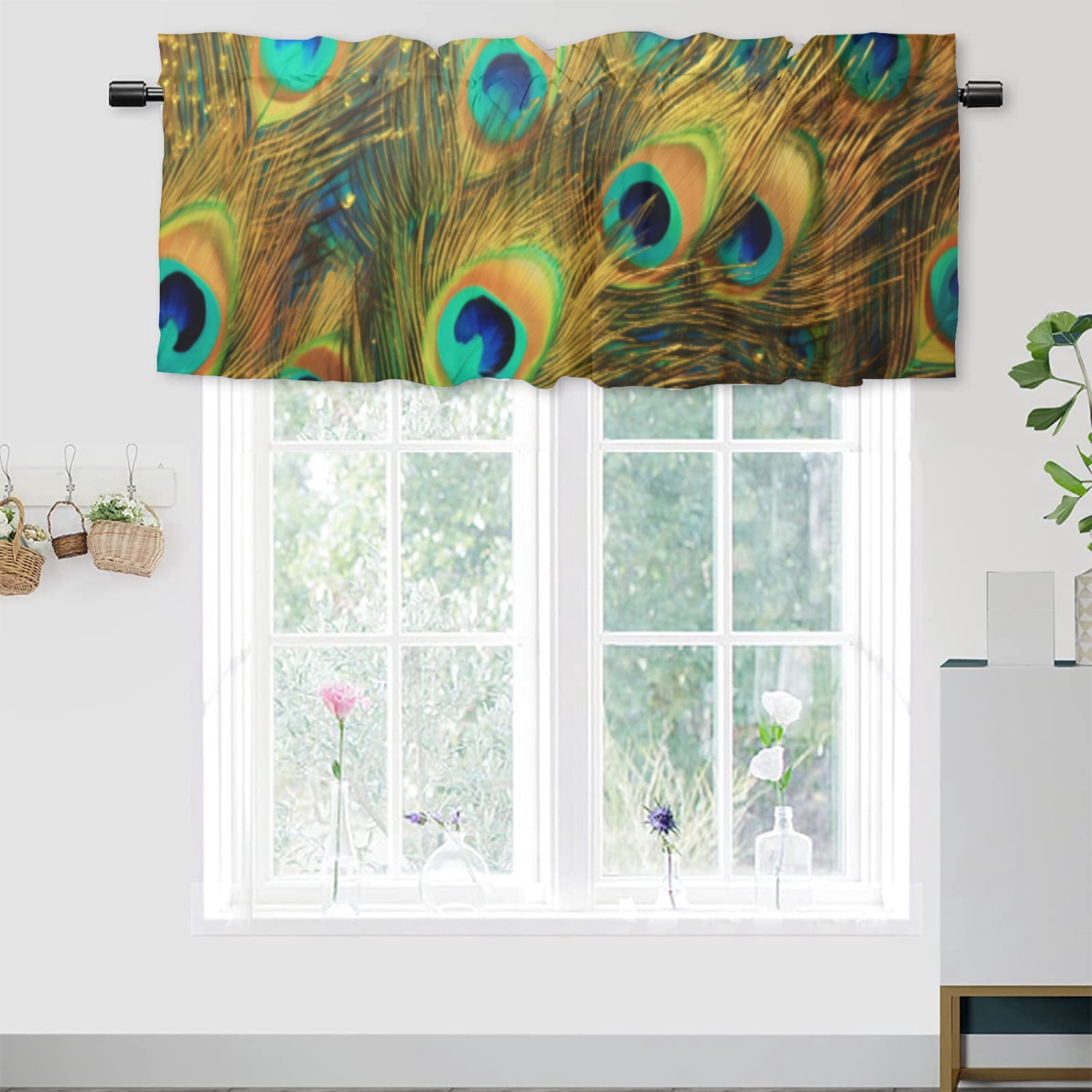 Peacock Feather Valance Curtain Teal Green Feathers Print Animal Theme ...