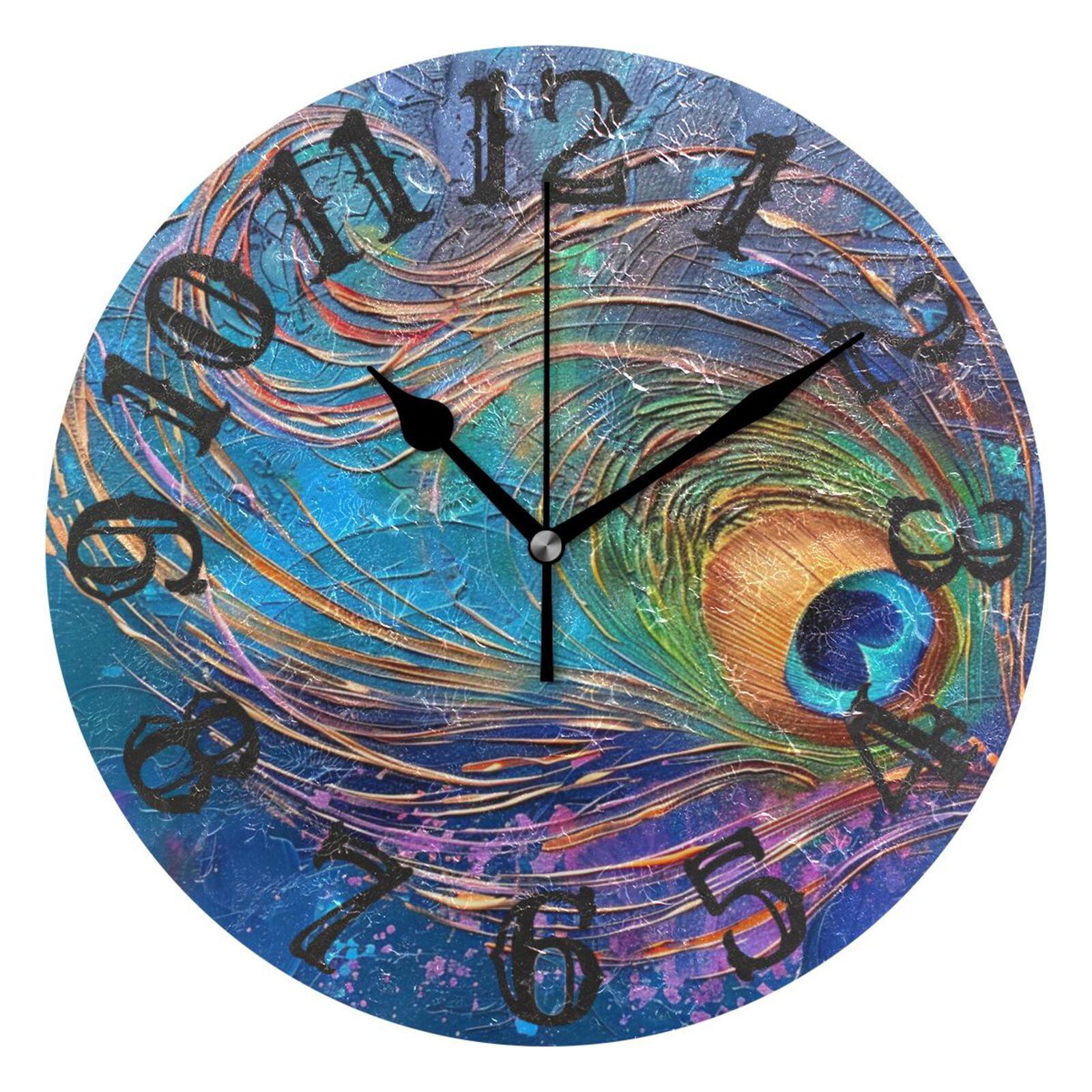 Peacock Feather Wall Clock 10 inch Non-Ticking Easy to Read Decorative ...