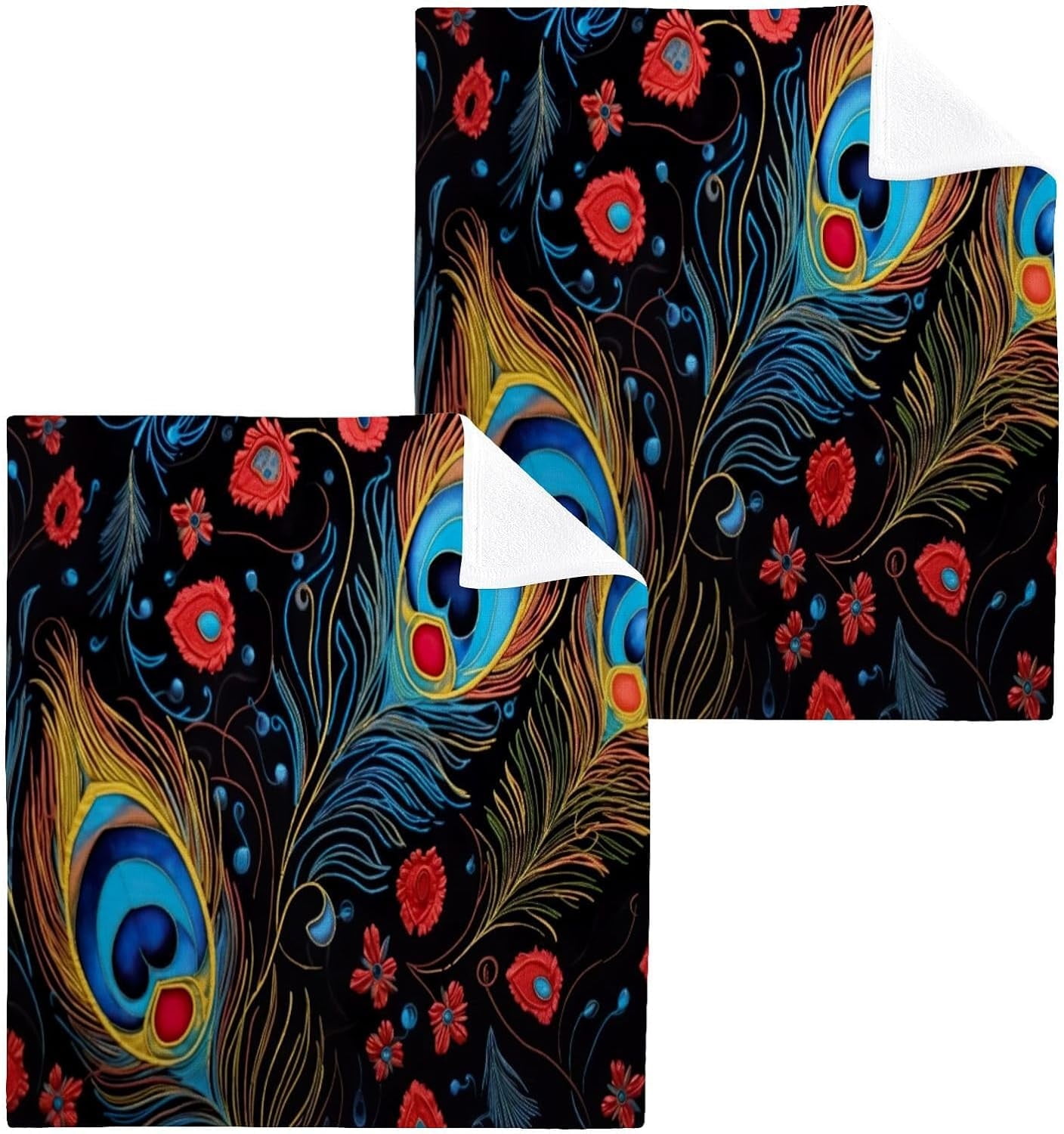 Peacock Feather Washcloths Set of 4-12 x 12 inch Pure Cotton Wash Cloth ...