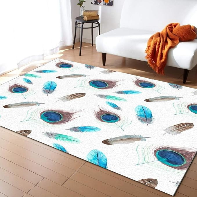 Peacock Feather Watercolor Art Area Rugs, Blue Green Beautiful Feather ...