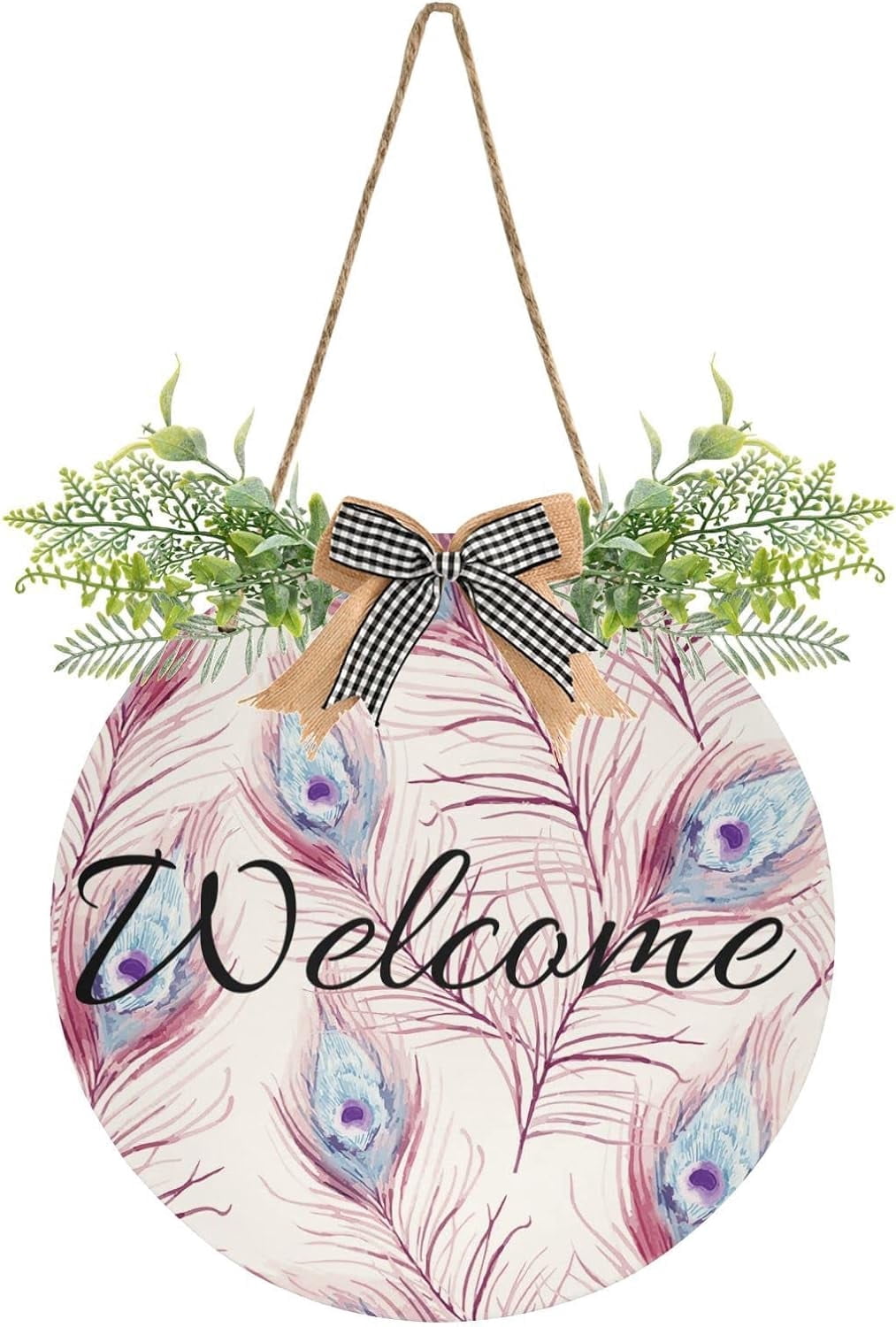 Peacock Feather Welcome Sign for Front Door, Round Sign Hanging Welcome ...