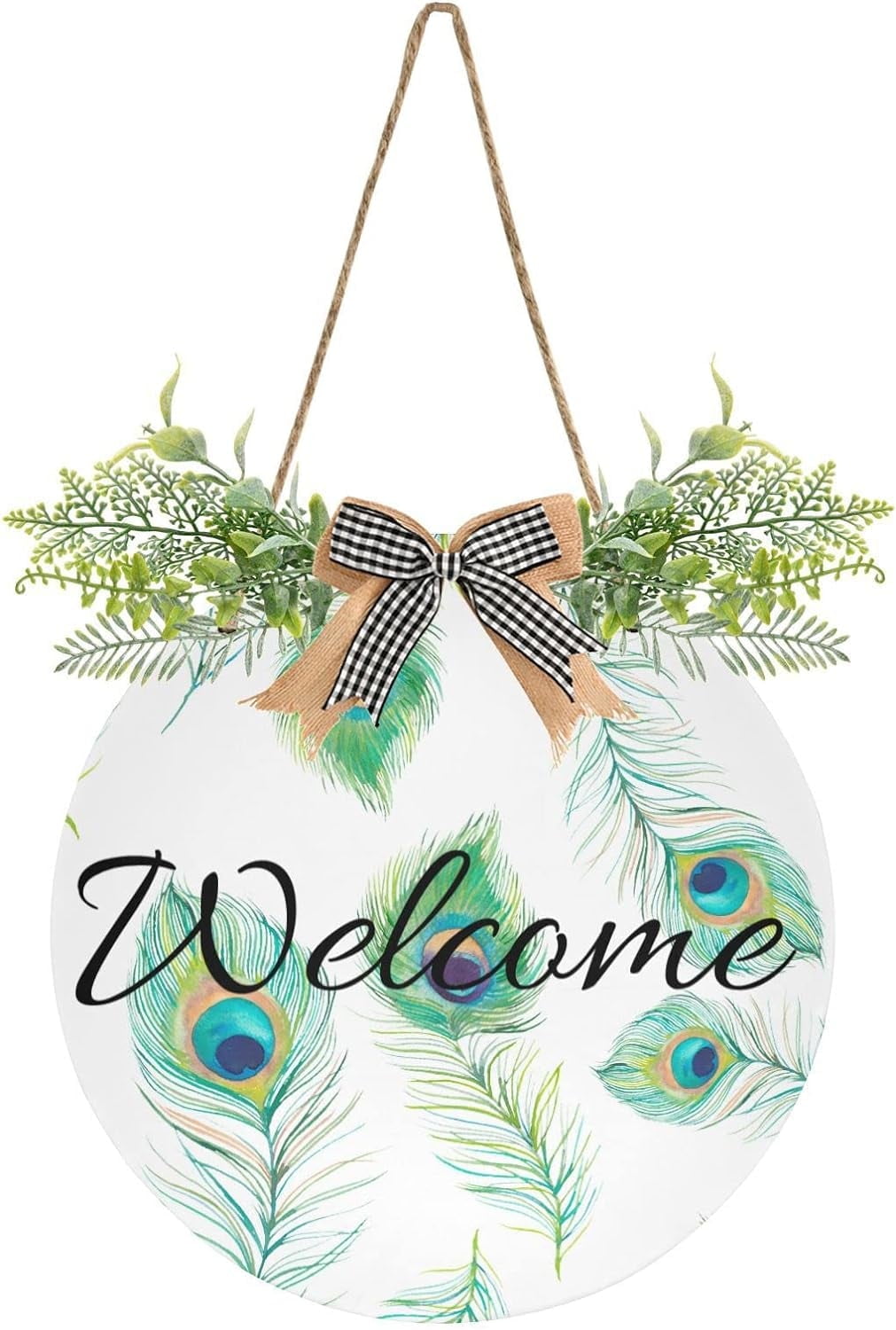 Peacock Feather Welcome Sign for Front Door, Round Sign Hanging Welcome ...