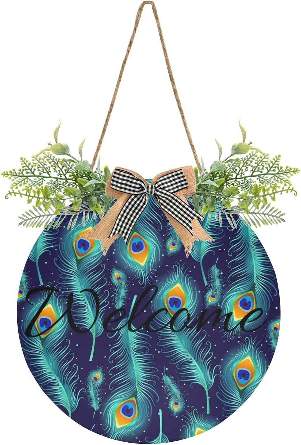 Peacock Feather Welcome Sign for Front Door, Round Sign Hanging Welcome ...