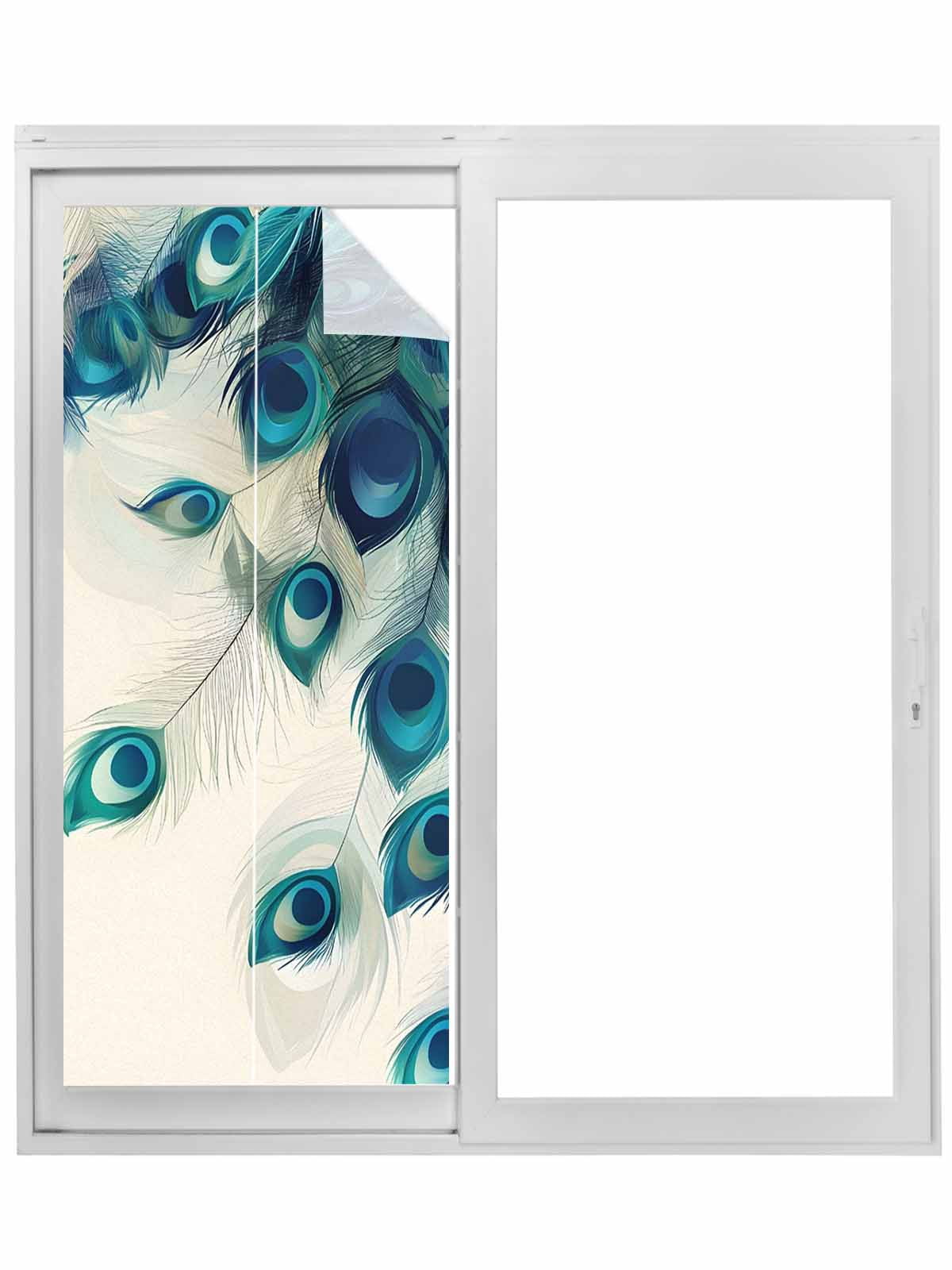 Peacock Feather Window Privacy Film, Teal Ethnic Rustic Farmhouse ...