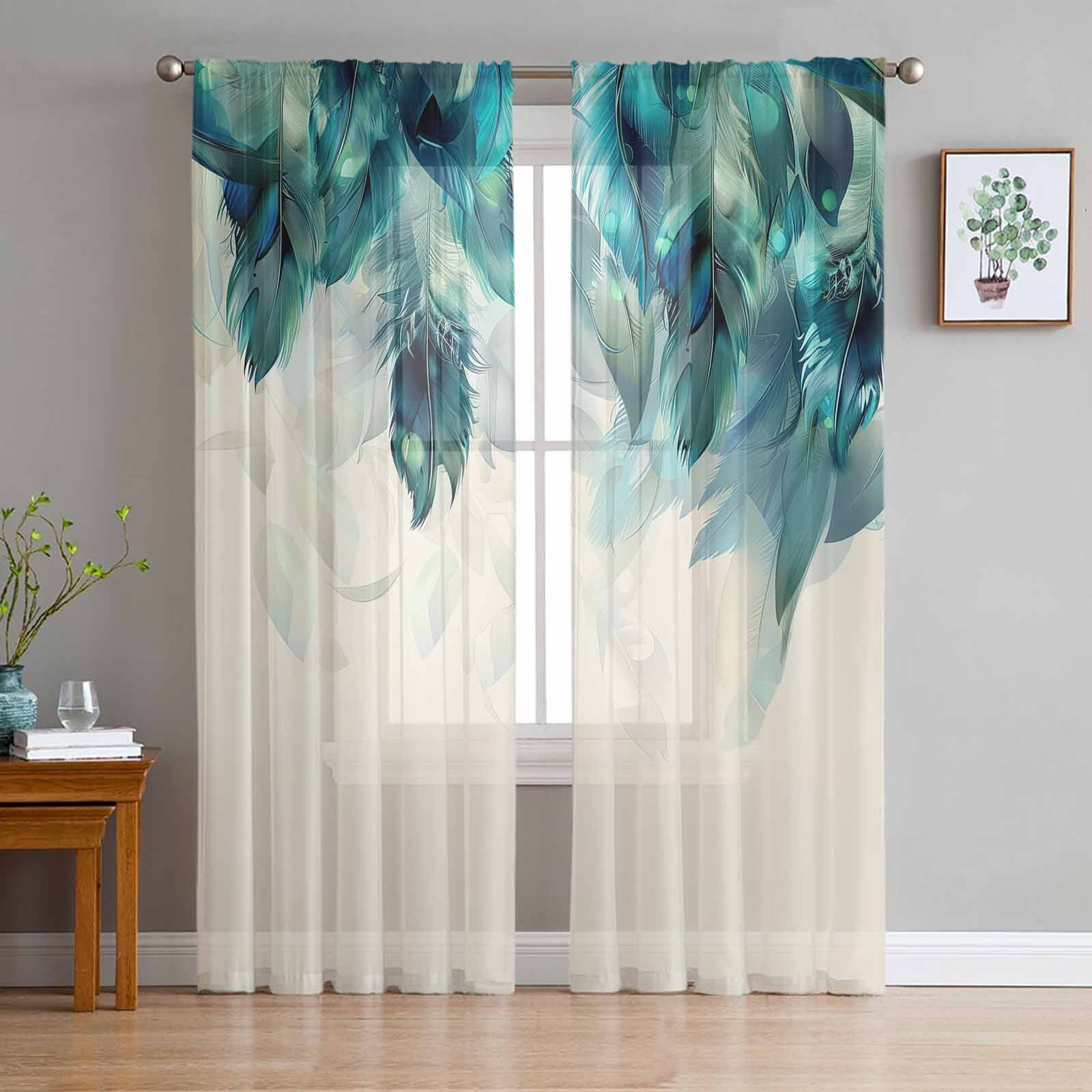 Peacock Feather Window Tulle Curtains for Living Room Kitchen Modern ...