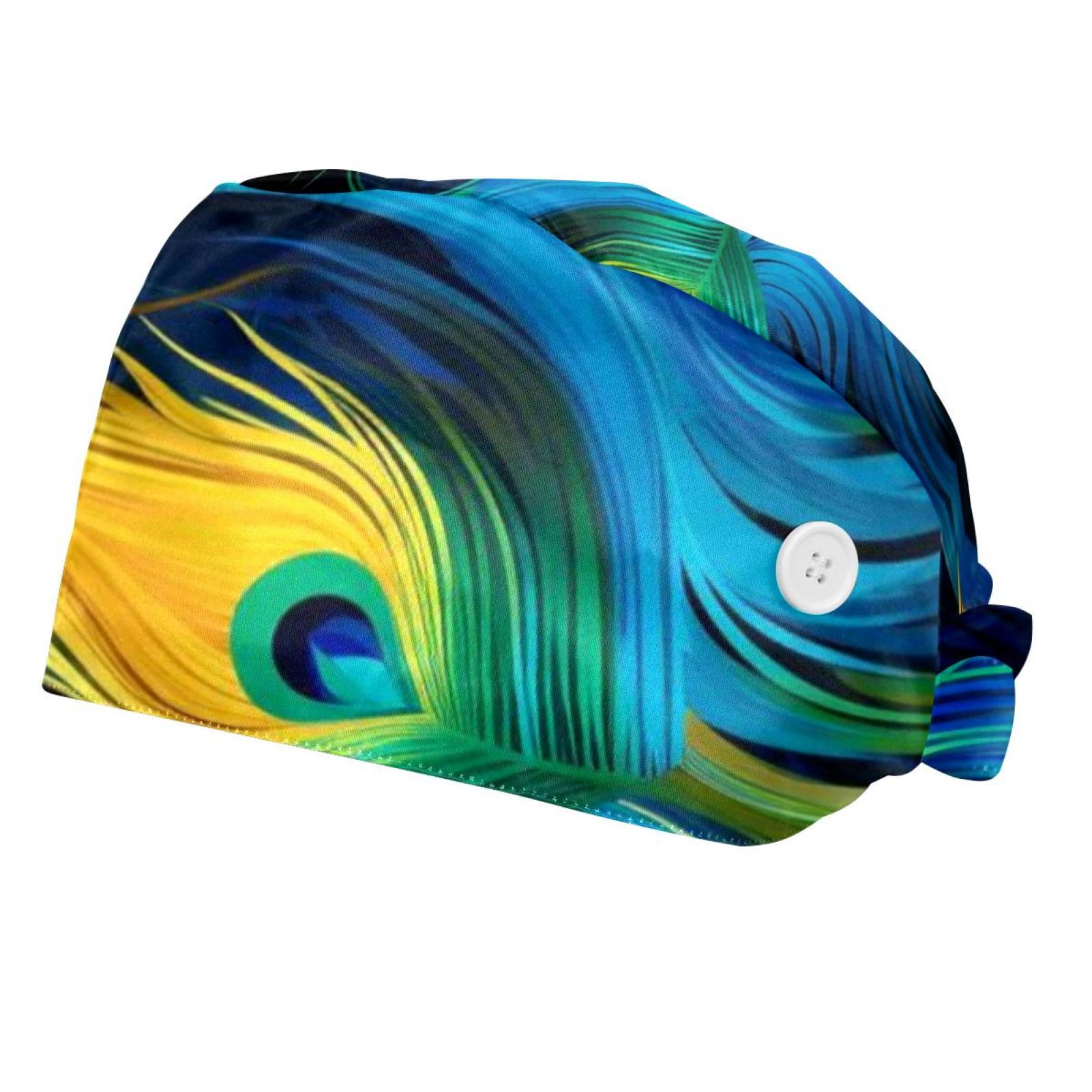 Peacock Feather Working Cap with Button, Cotton Working Hat Sweatband ...
