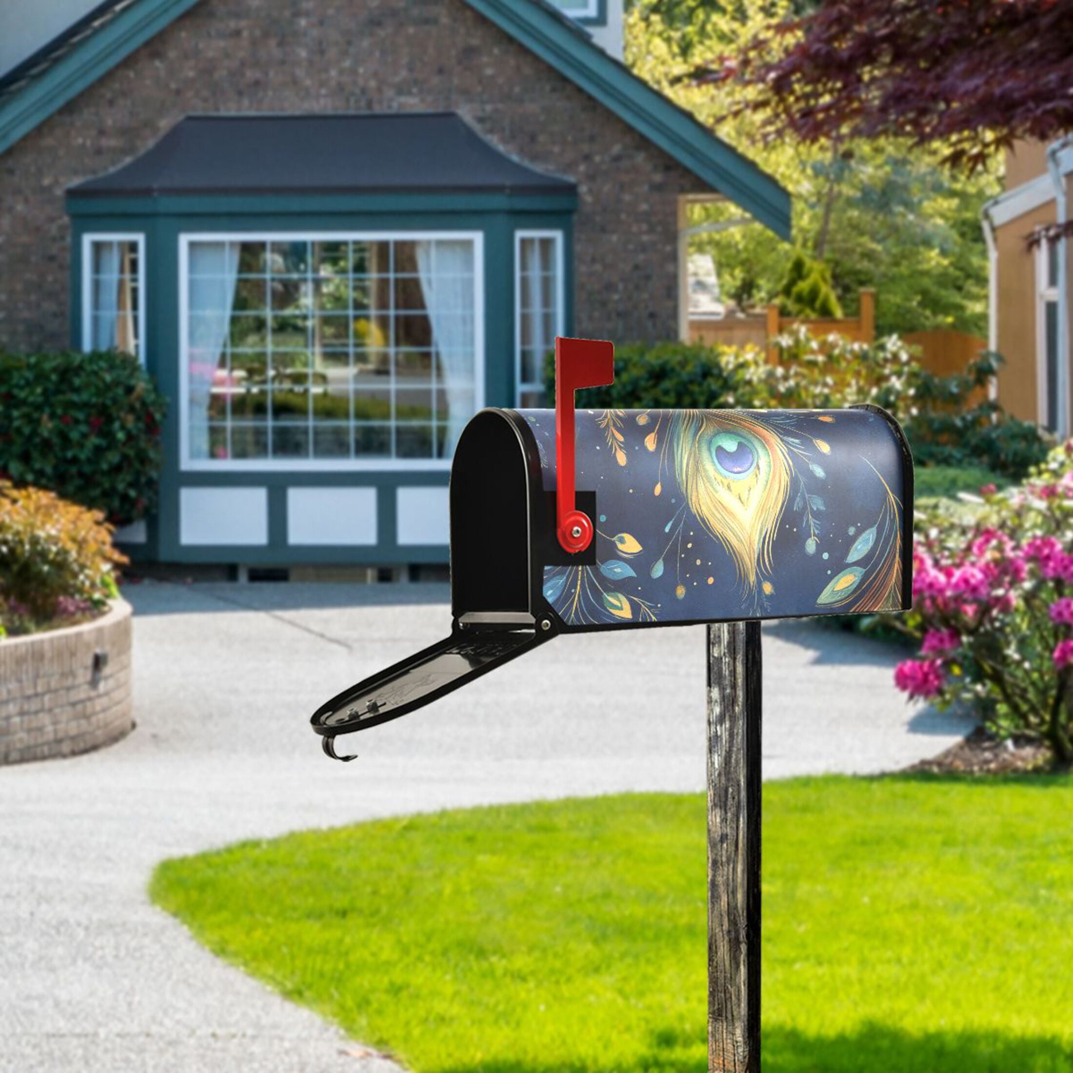 Peacock Feather and Leaves Mailbox Cover Magnetic Standard Size Post ...