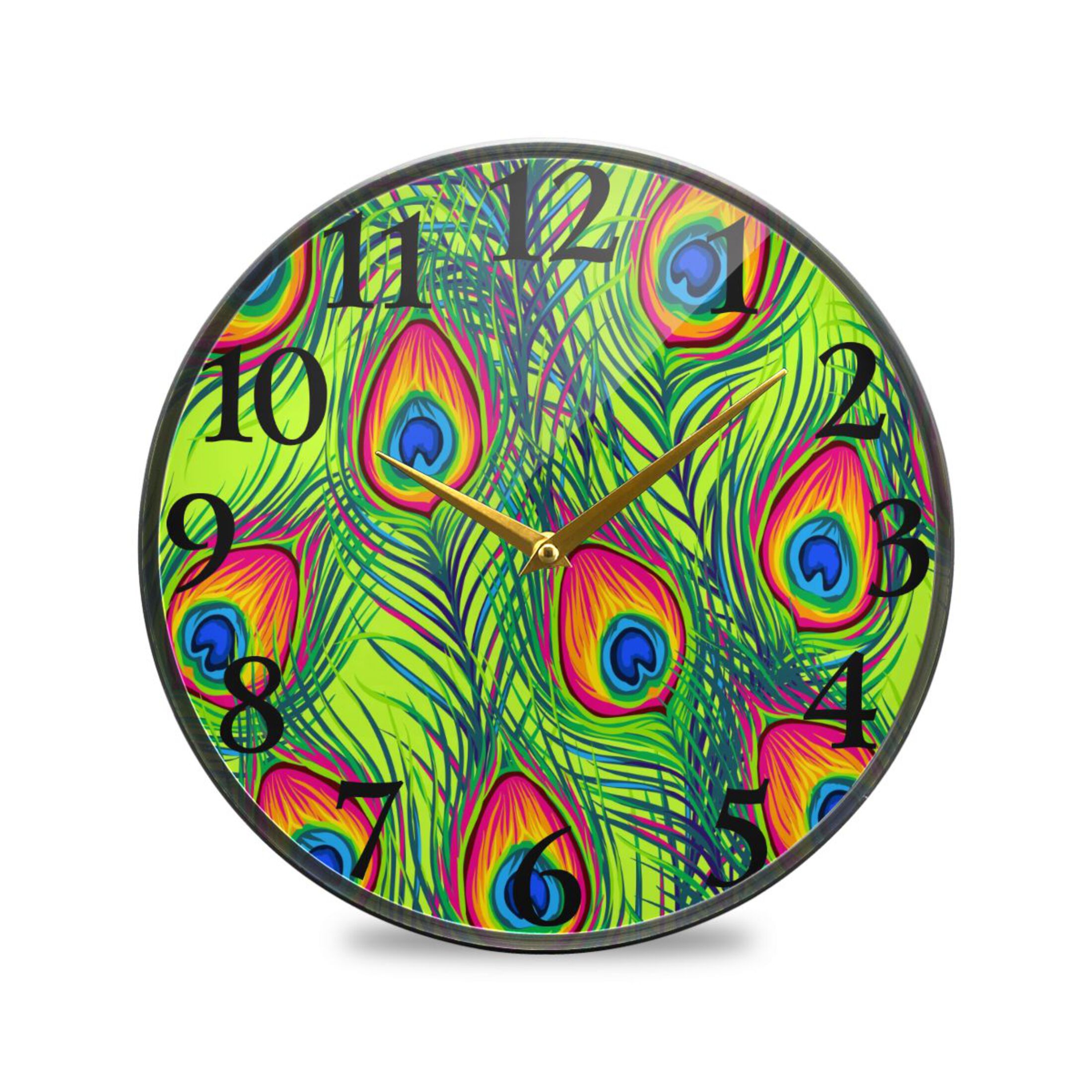 Peacock Feather on Green Acrylic Wall Clocks Quiet Round Clock Battery ...