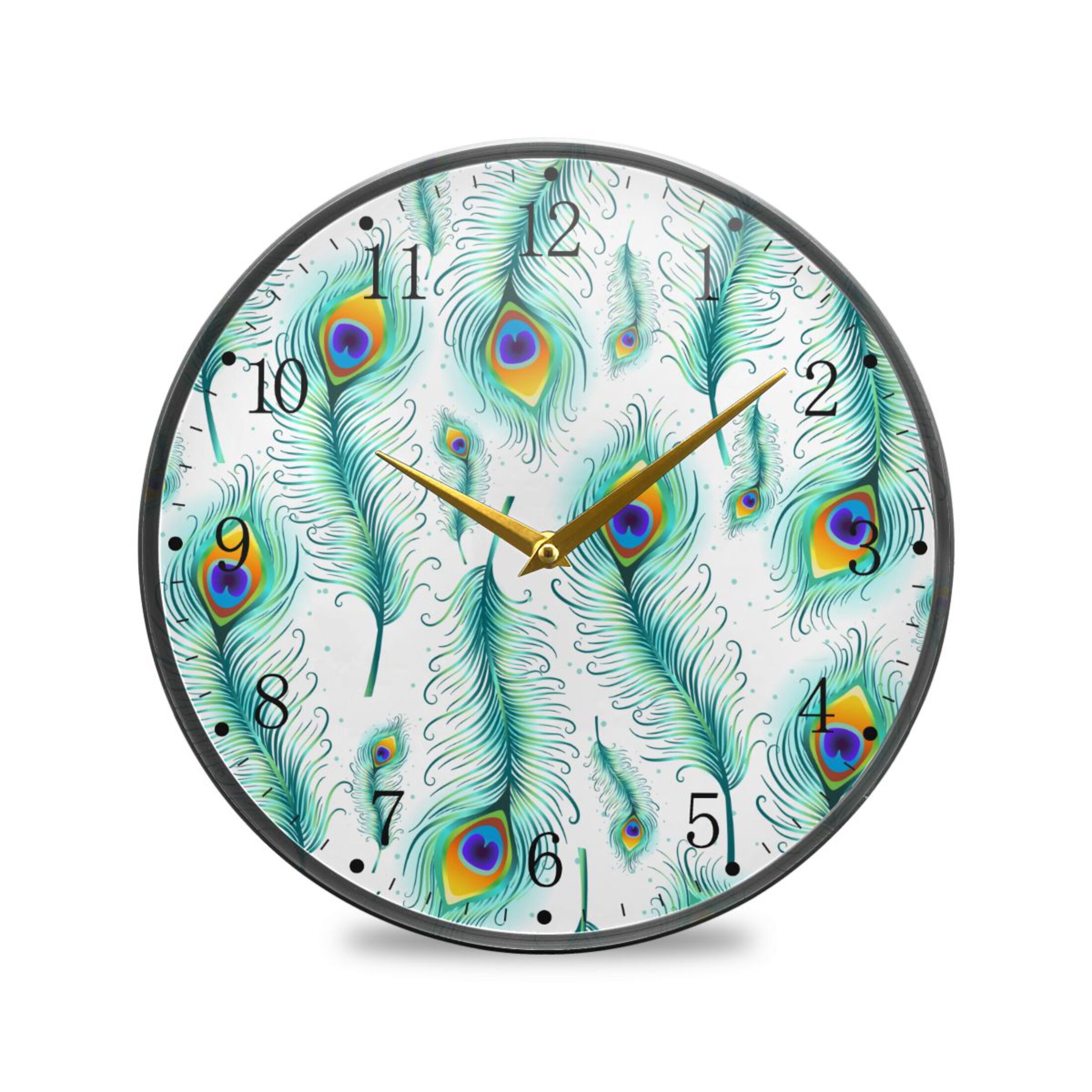 Peacock Feather with Green Acrylic Wall Clocks Quiet Round Clock ...