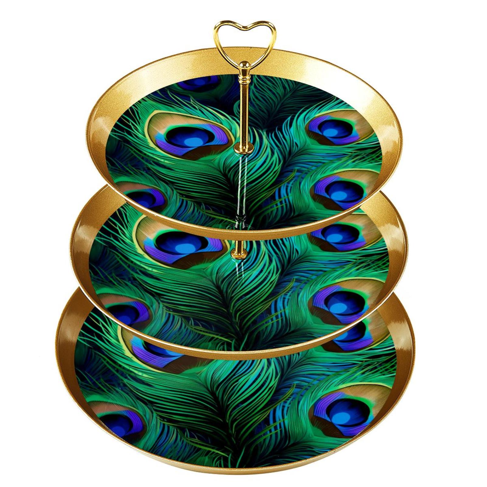 Peacock Feathers 32cm Plastic Discs Cupcake Stand with Iron Pillars ...