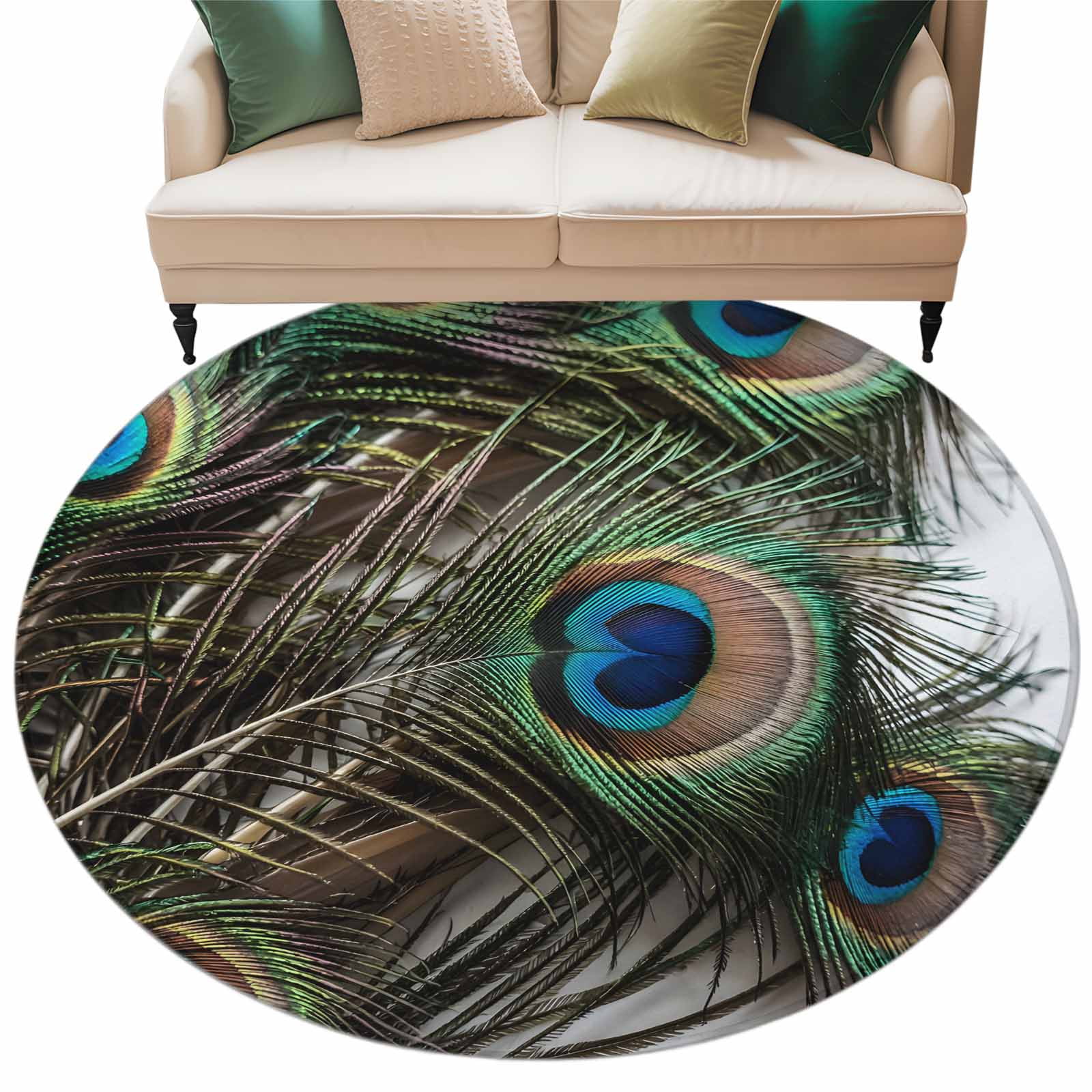 Peacock Feathers Area Rug, Animal Gorgeous Washable Large Circle Carpet ...