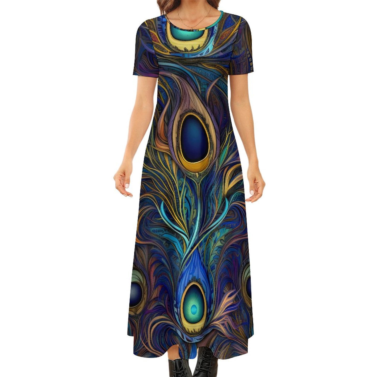 Peacock Feathers Dress Roses Flowers Print Aesthetic Bohemia Long ...