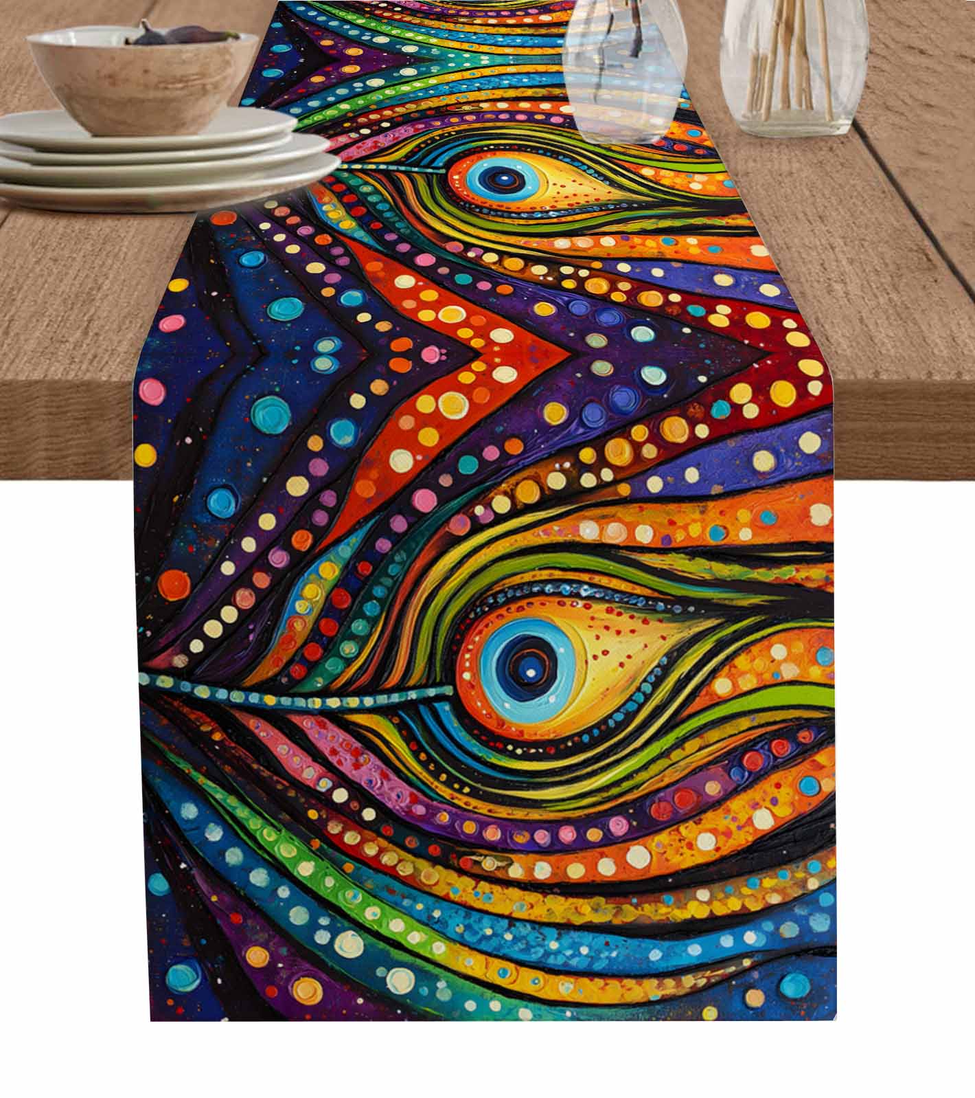 Peacock Feathers Eye Table Runner 108 Inches, Abstract Colorful Oil ...