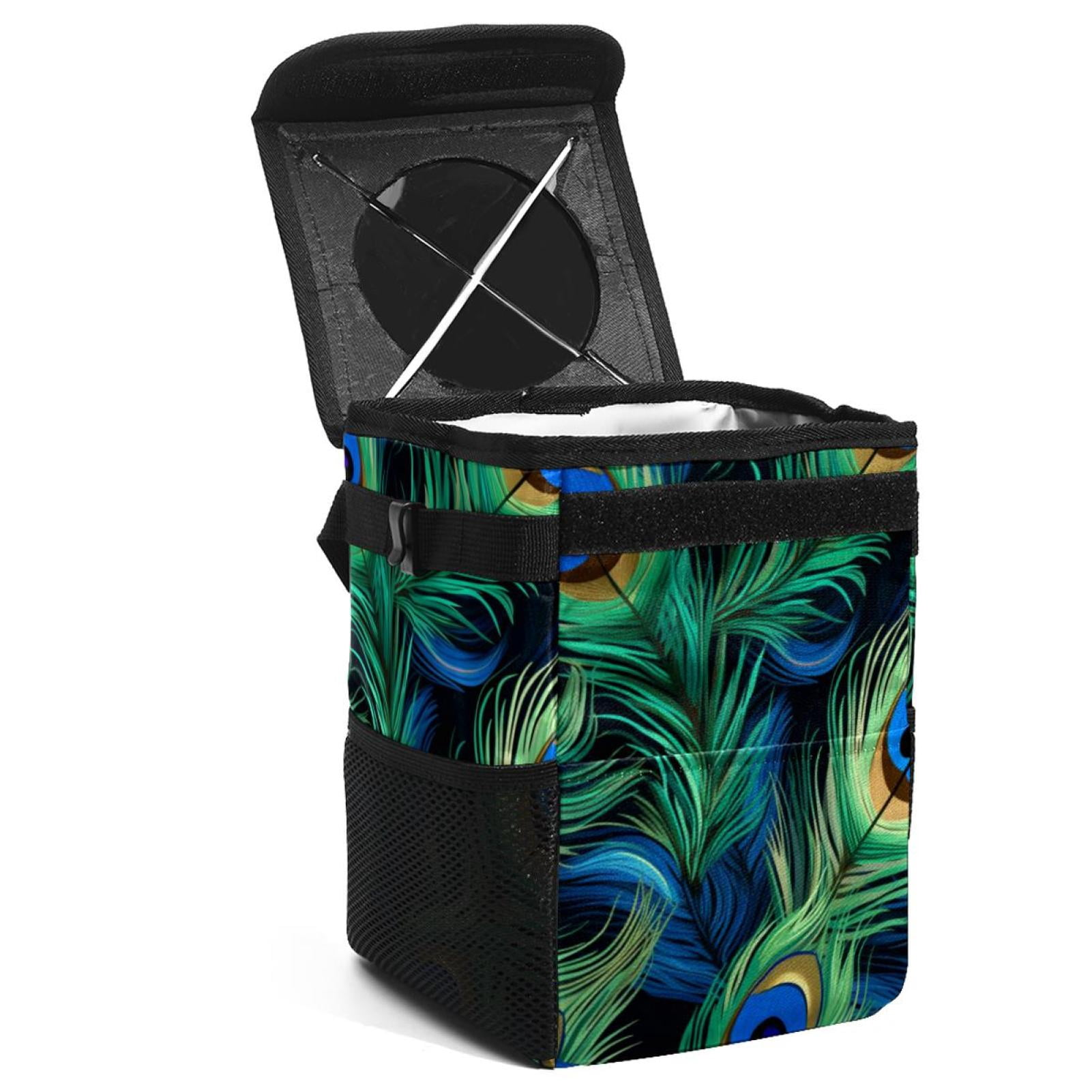 Peacock Feathers Foldable Car Trash Bin with Lid, Leak-Proof Mini Trash ...