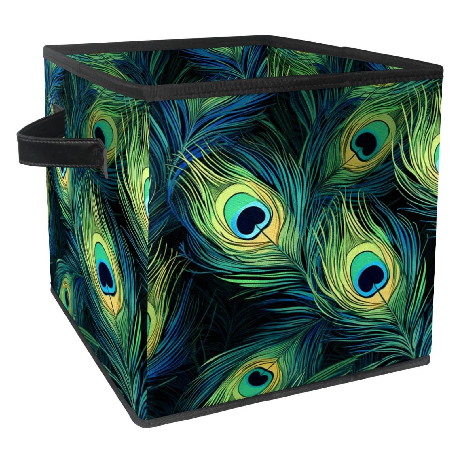 Peacock Feathers Foldable Storage Basket Organizer Bins with Handle, 10.8"x10.5"x10.6", Large ...