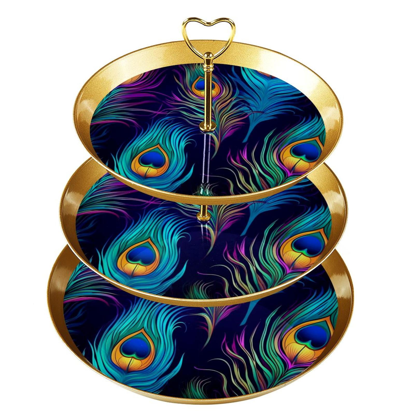 Peacock Feathers Plastic Discs and Iron Pillar Dessert Table Stand with ...