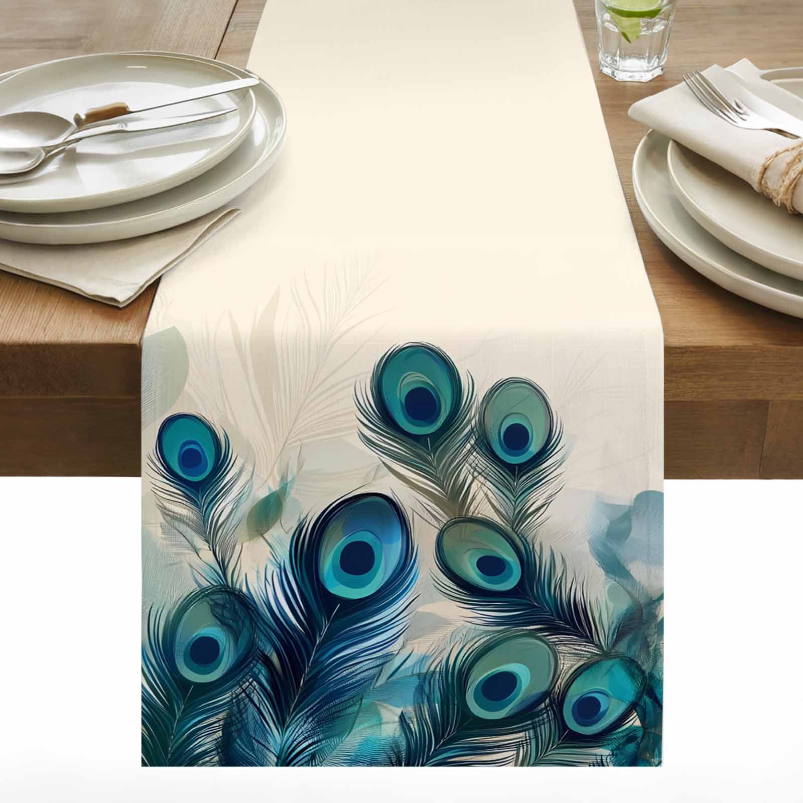 Peacock Feathers Table Runner 13x120 inch Retro Green Abstract Art ...