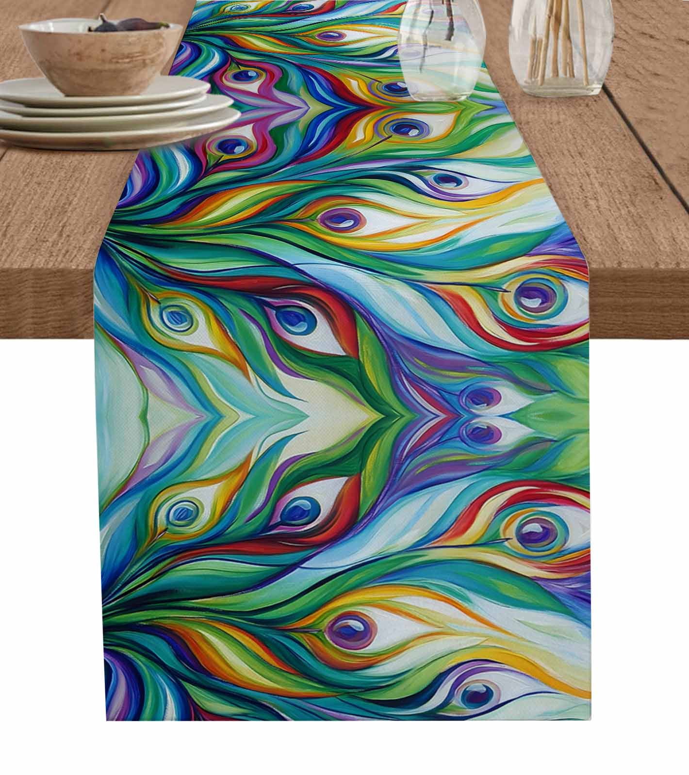 Peacock Feathers Table Runner 70 Inches, Abstract Art Oil Painting Bed ...