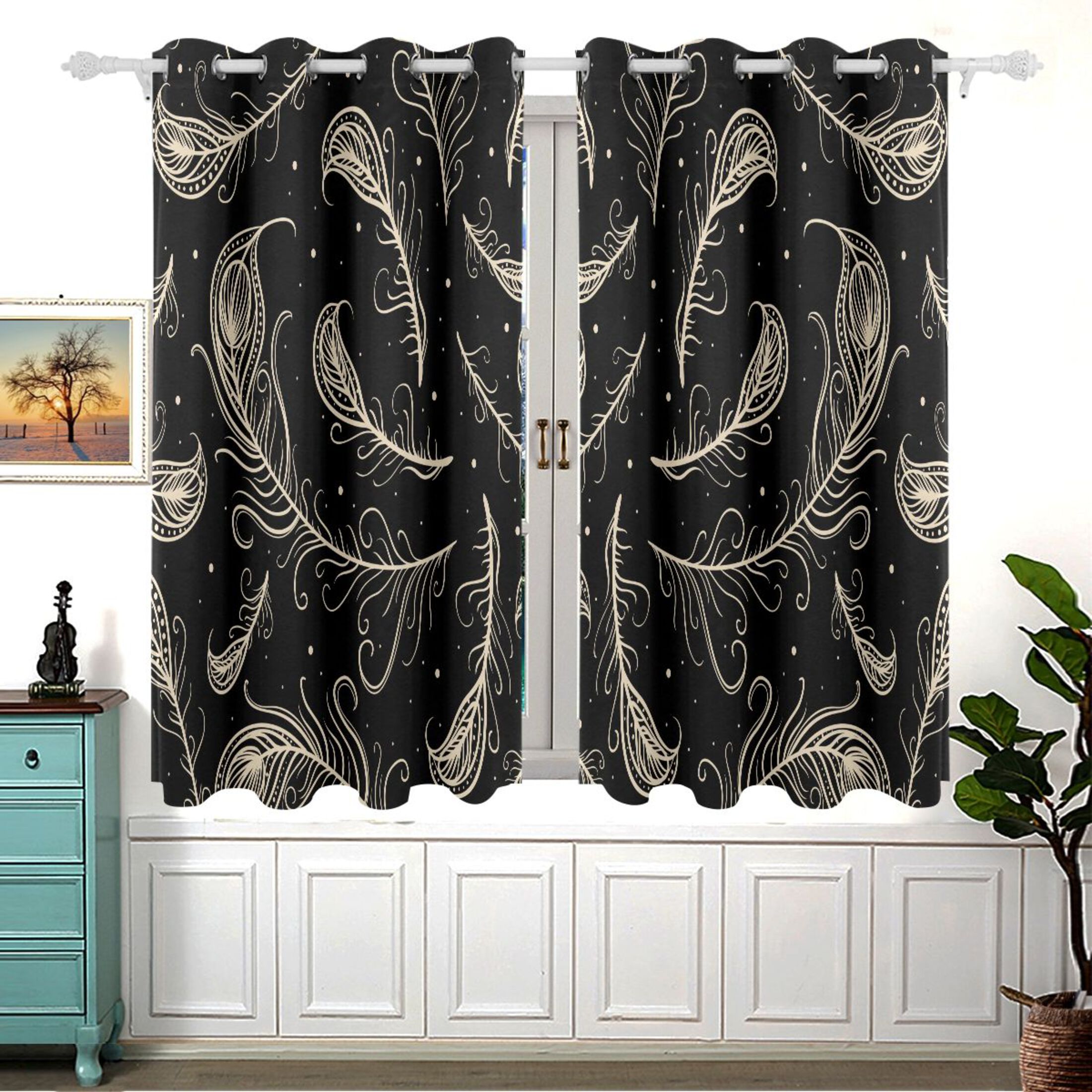 Peacock Feathers with Gold Blackout Curtains Window Grommet Insulated ...