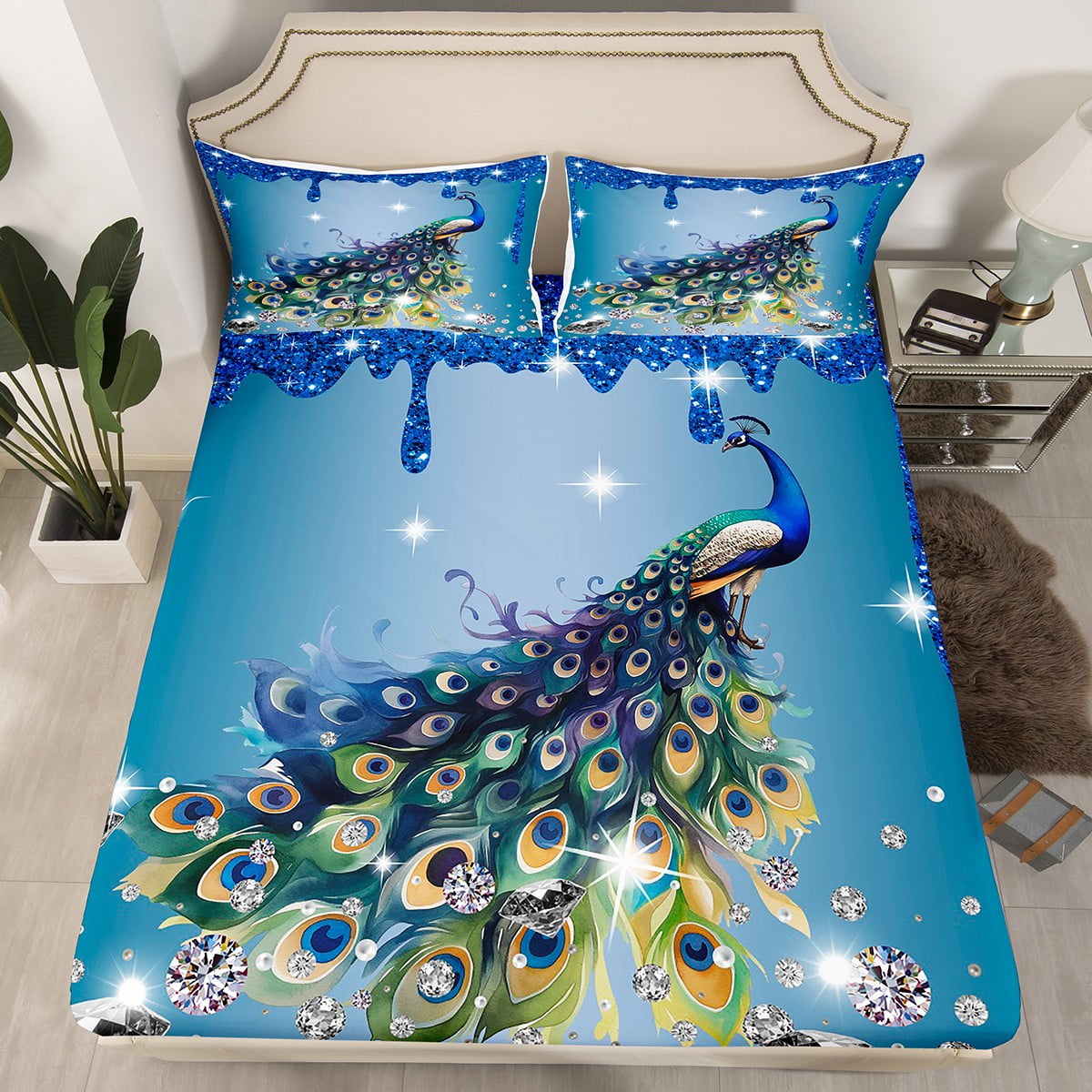 Peacock Fitted Sheet Blue Sequin Fluid Art Sheets,Crystal Diamond Bed ...