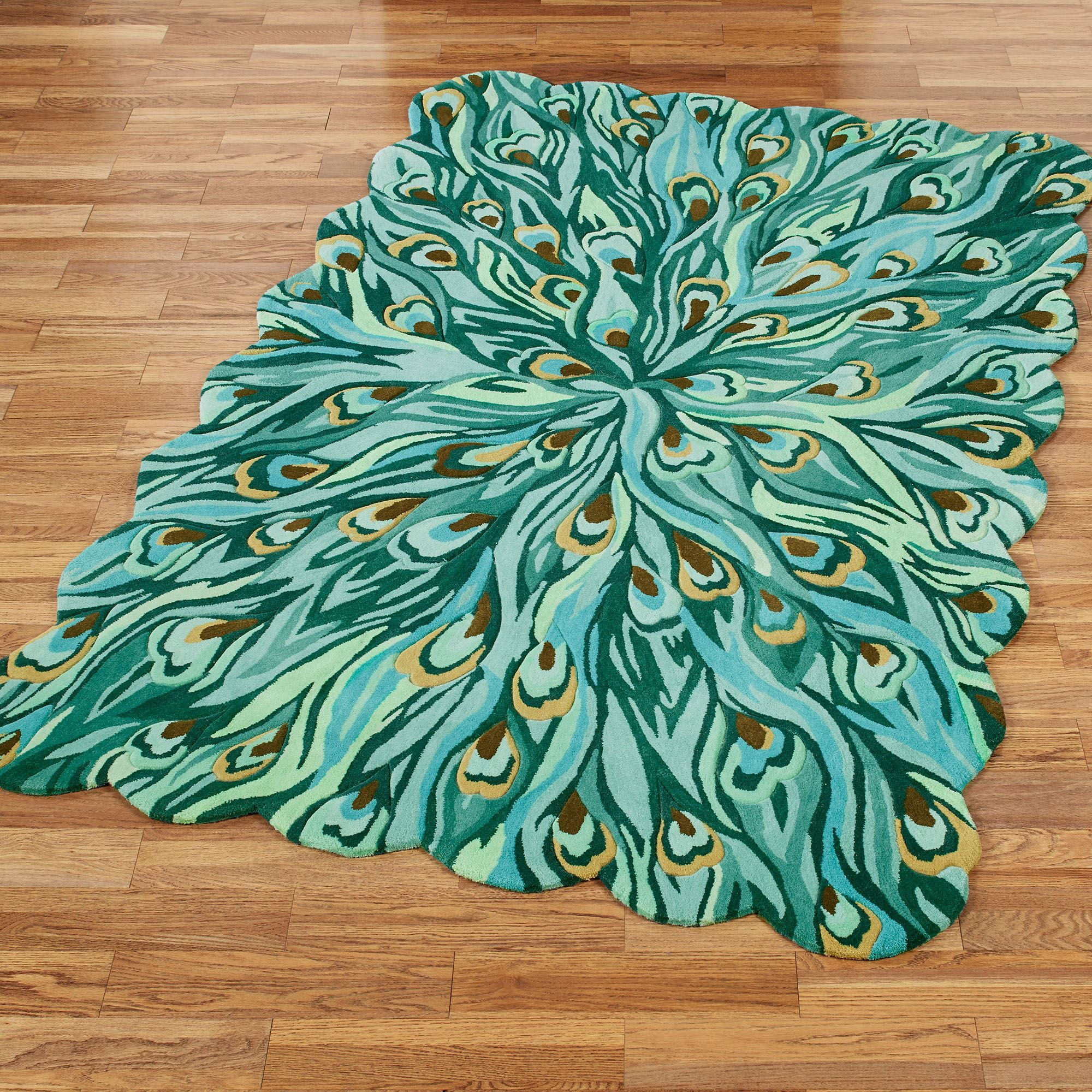 Peacock Flair Rectangle Rug Aqua, Hand-tufted and Hand-carved, one-half ...