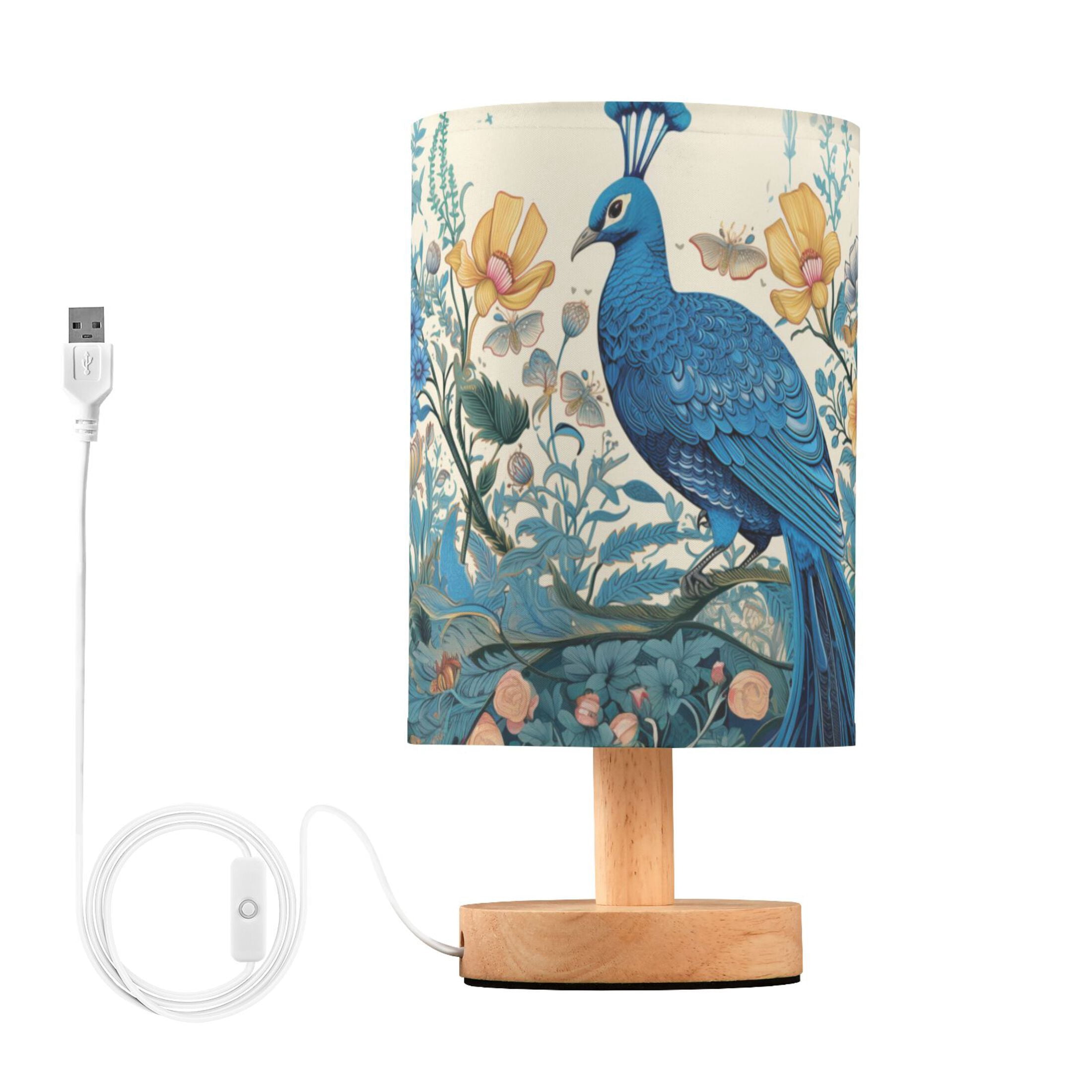 Peacock Floral Flowers Leaves Table Lamp USB Bedside Desk Nightstand ...