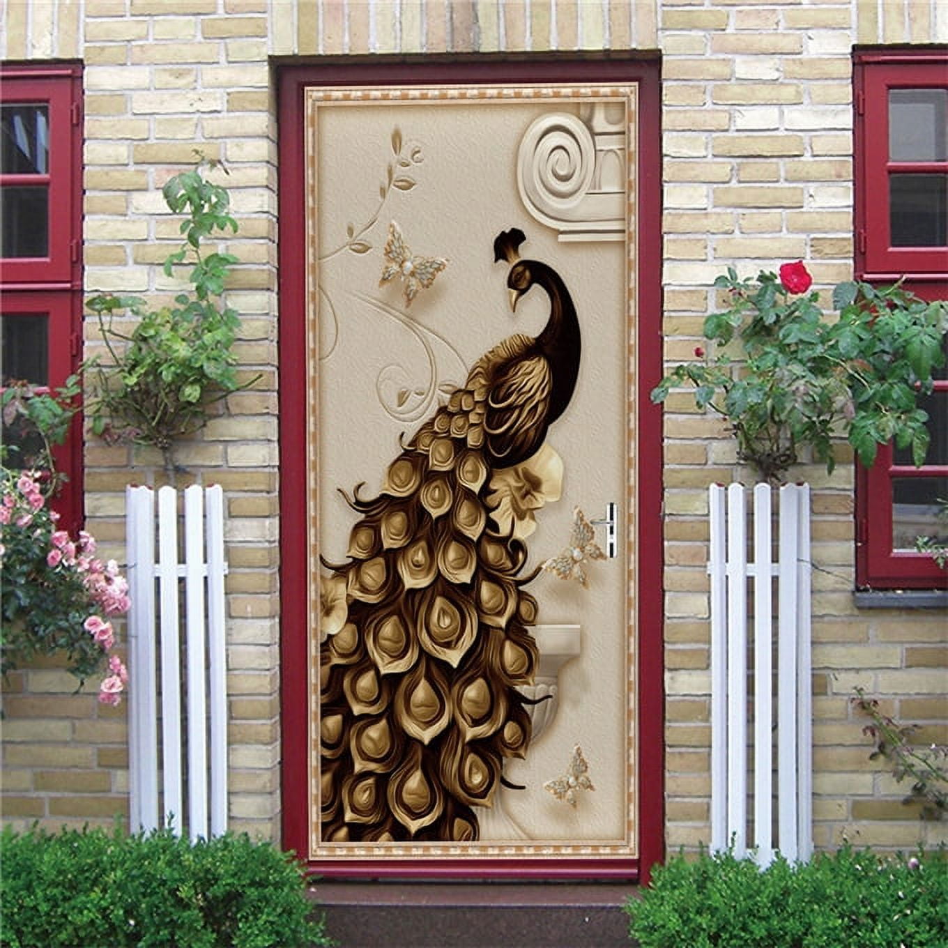 Peacock Flower Door Stickers Animal Wallpaper Wildlife Floral PVC Self ...