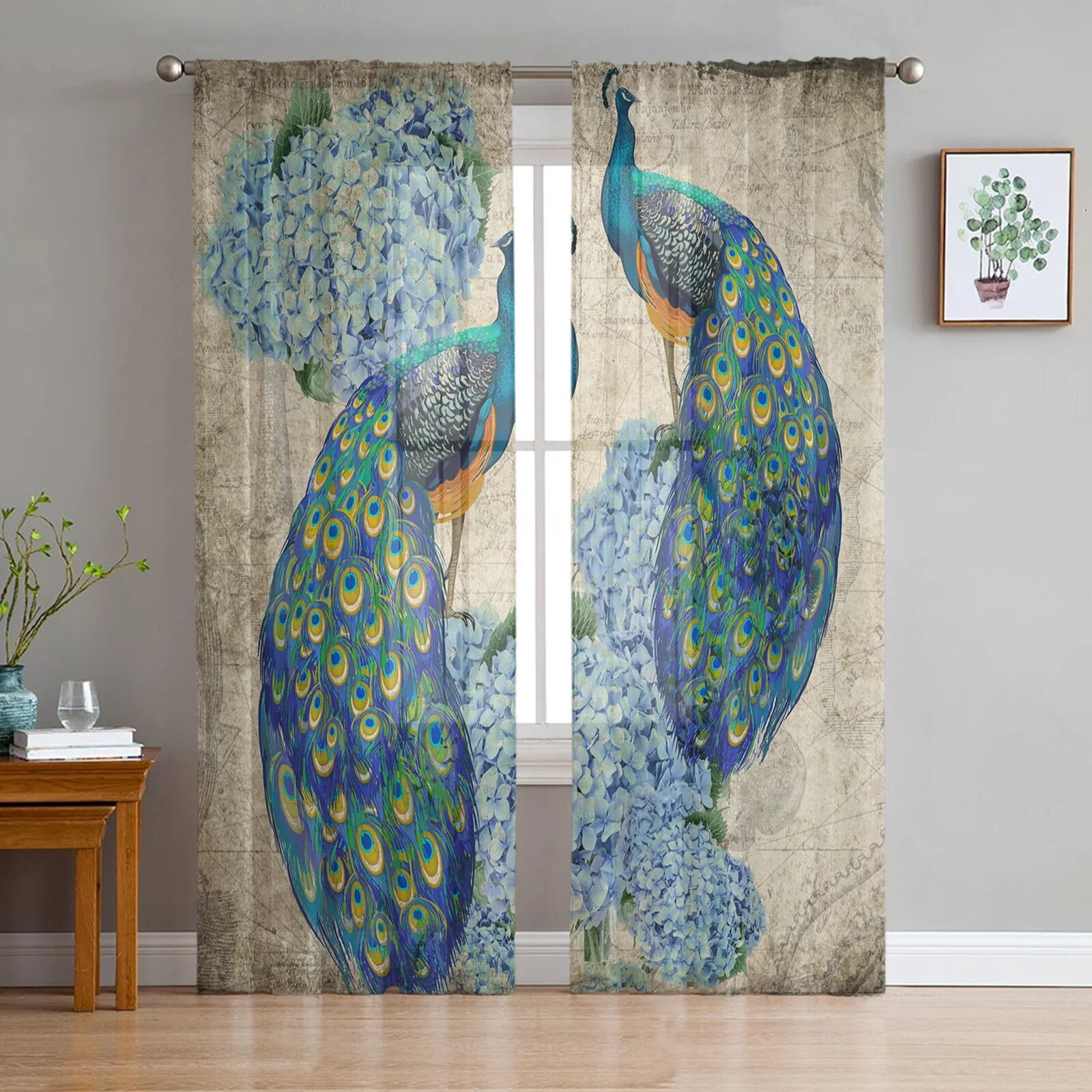 Peacock Flower Hydrangea Retro Tulle Curtains For Living Room Kitchen ...