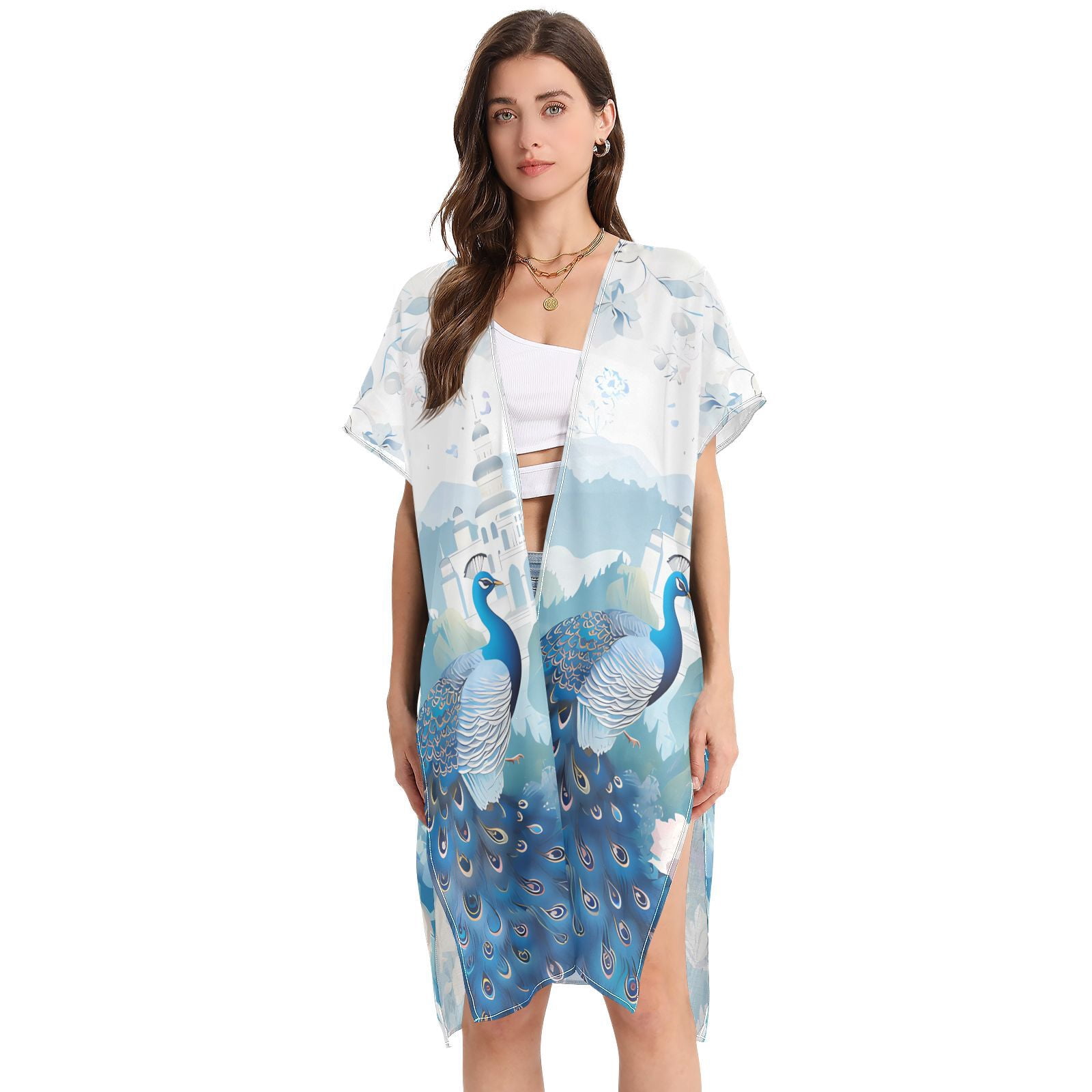 Peacock Flowers Castle Women Swimsuit Cover up V Neck Beach Dress Short ...
