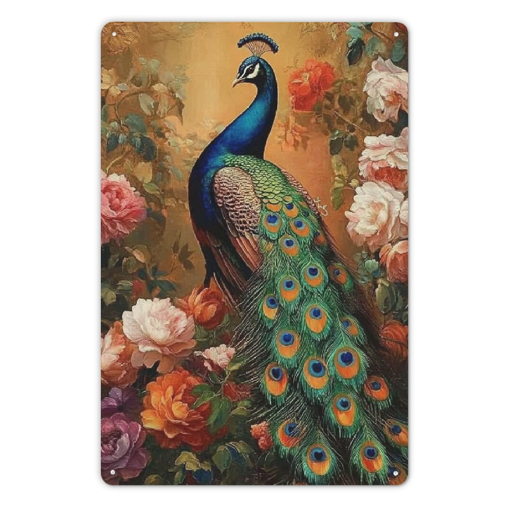 Peacock With Flowers Metal Tin Sign 12x8 Inch Green Beautiful Elegant ...