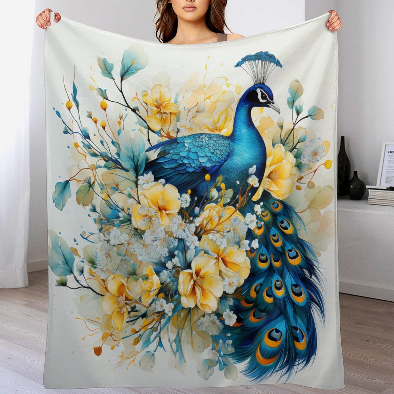 Peacock Flowers Watercolor Soft Flannel Blanket 60"x80" Blue Teal ...