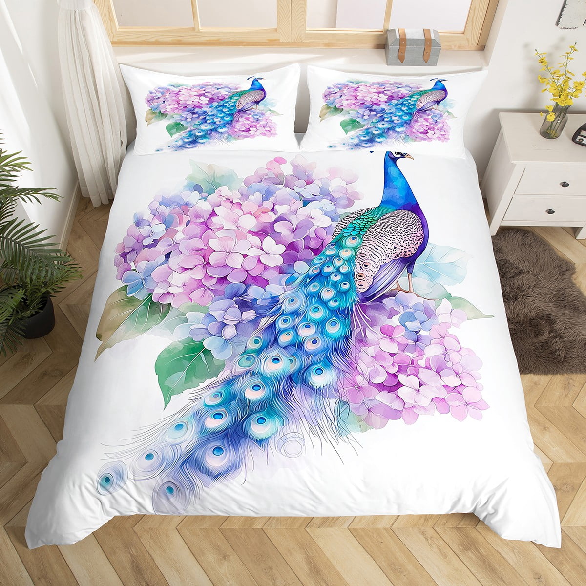 Peacock Full Comforter Cover,Purple Hydrangea Floral Duvet Cover Teens ...