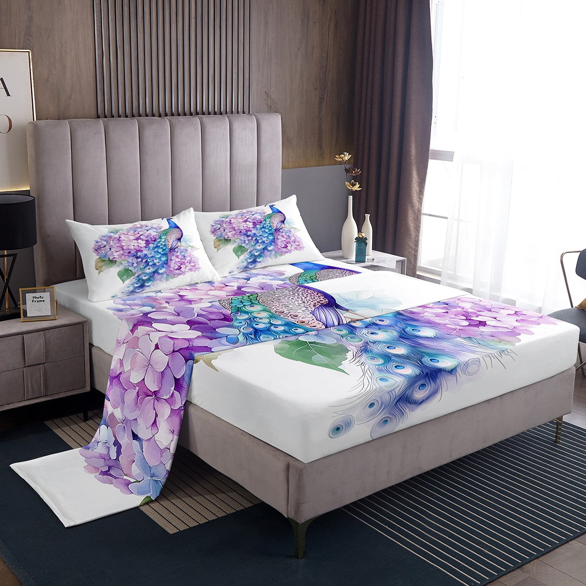 Peacock Full Sheet Set,Purple Hydrangea Floral Bed Sheets Set Teens ...