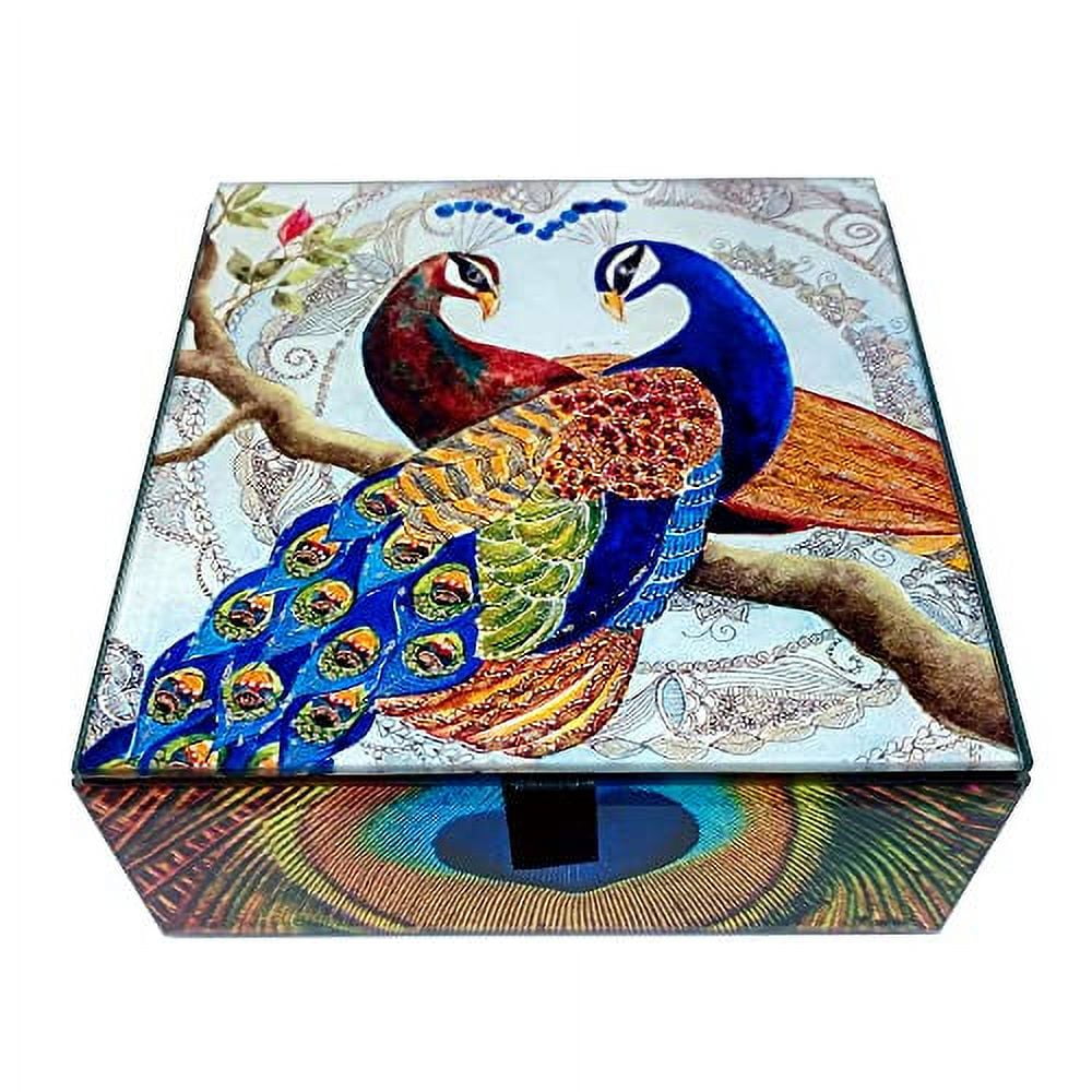 Peacock Glass Keepsake Box, Velvet Lined Organizer Trinket Lidded Box ...