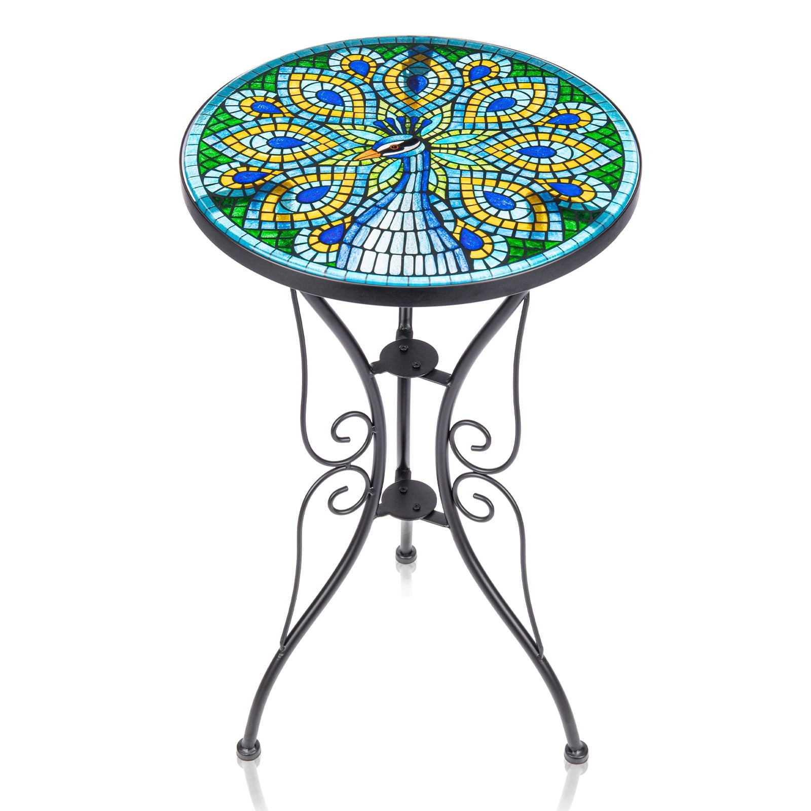 WONDER GARDEN Peacock Glass Side Table, Outdoor Plant Stand, Mosaic Accent Round End Table ...