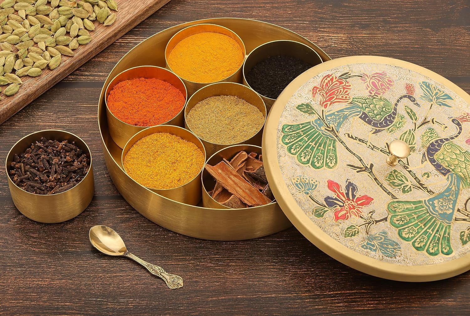Peacock Handcrafted Pure Brass Masala Box Set with Brass Spoon ...